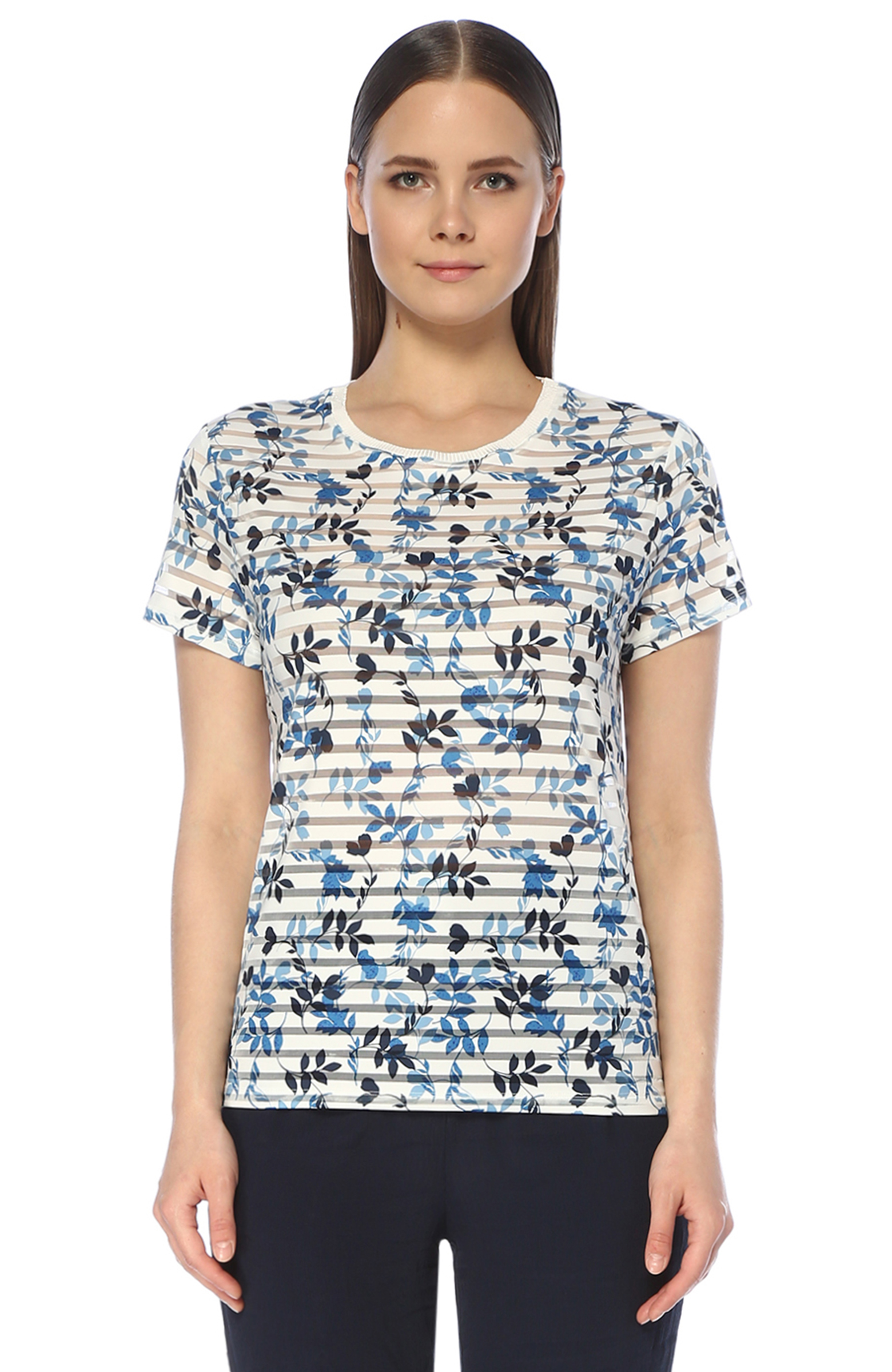 Regular Fit Beyaz Yaprak Desenli Çizgili T-shirt Regular Fit Beyaz Yaprak Desenli Çizgili T-shirt