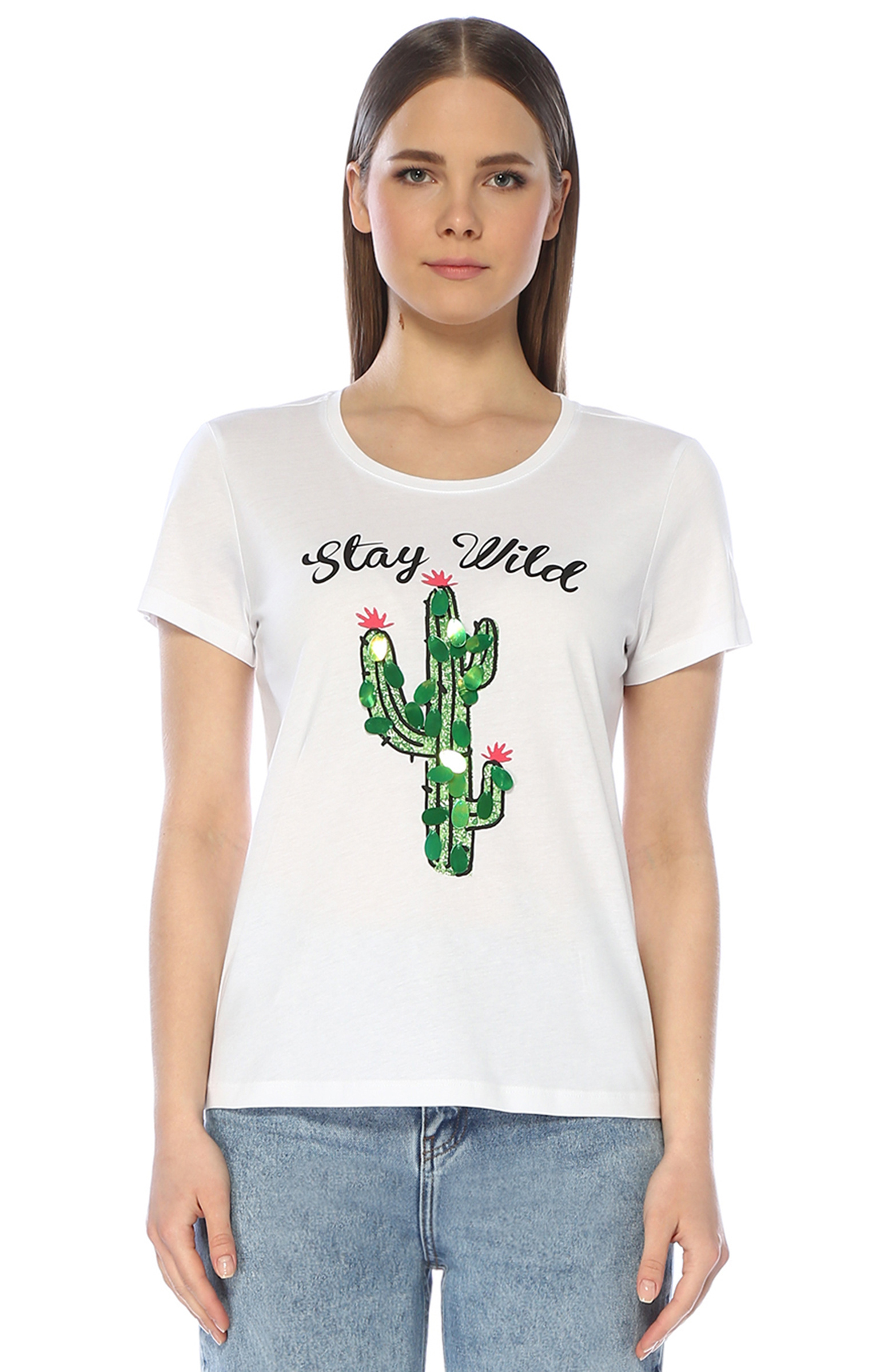 Reguar Fit Beyaz Kaktüs Baskılı T-Shirt