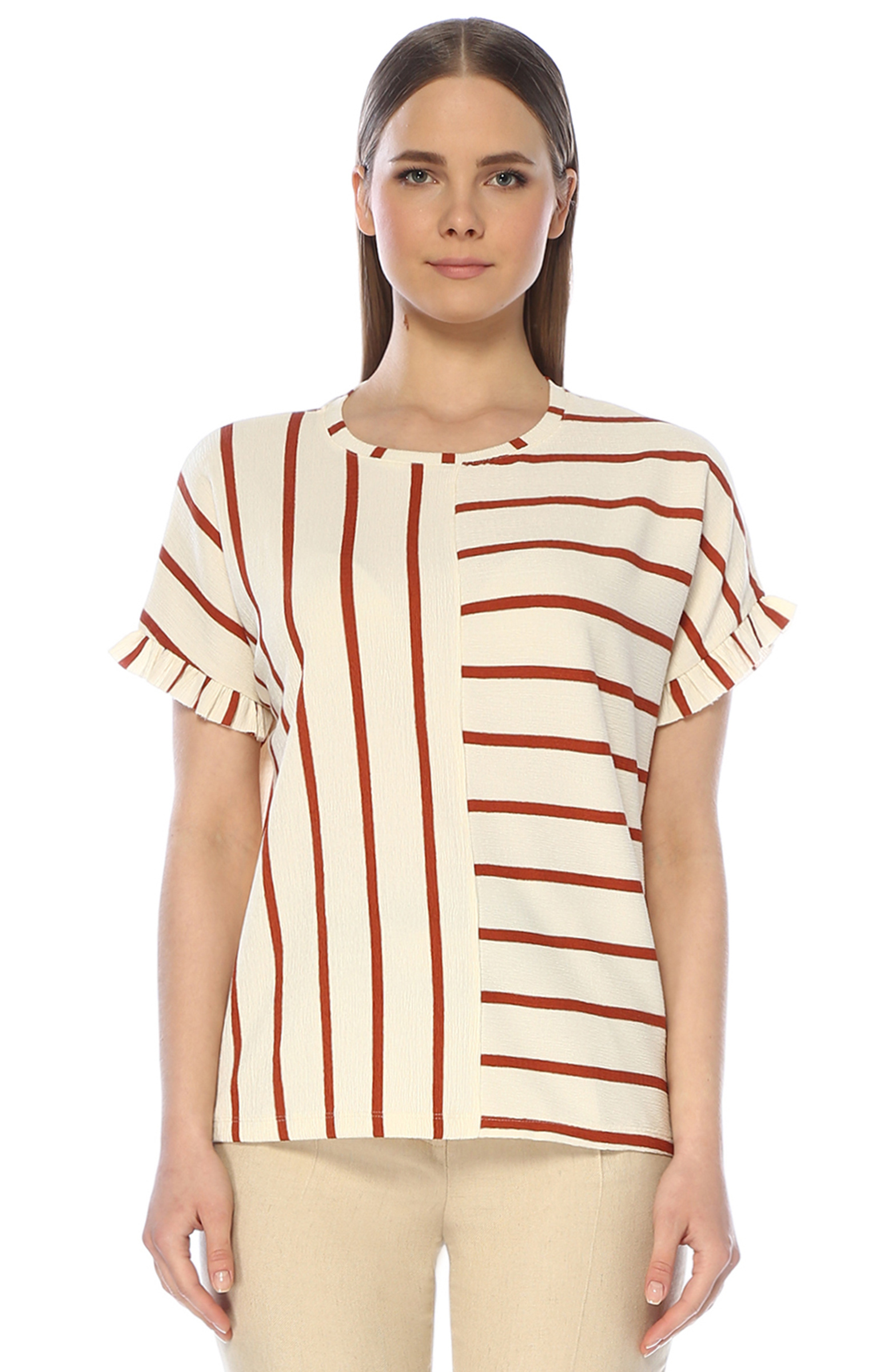 Regular Fit Ekru Bisiklet Yaka Çizgili T-Shirt