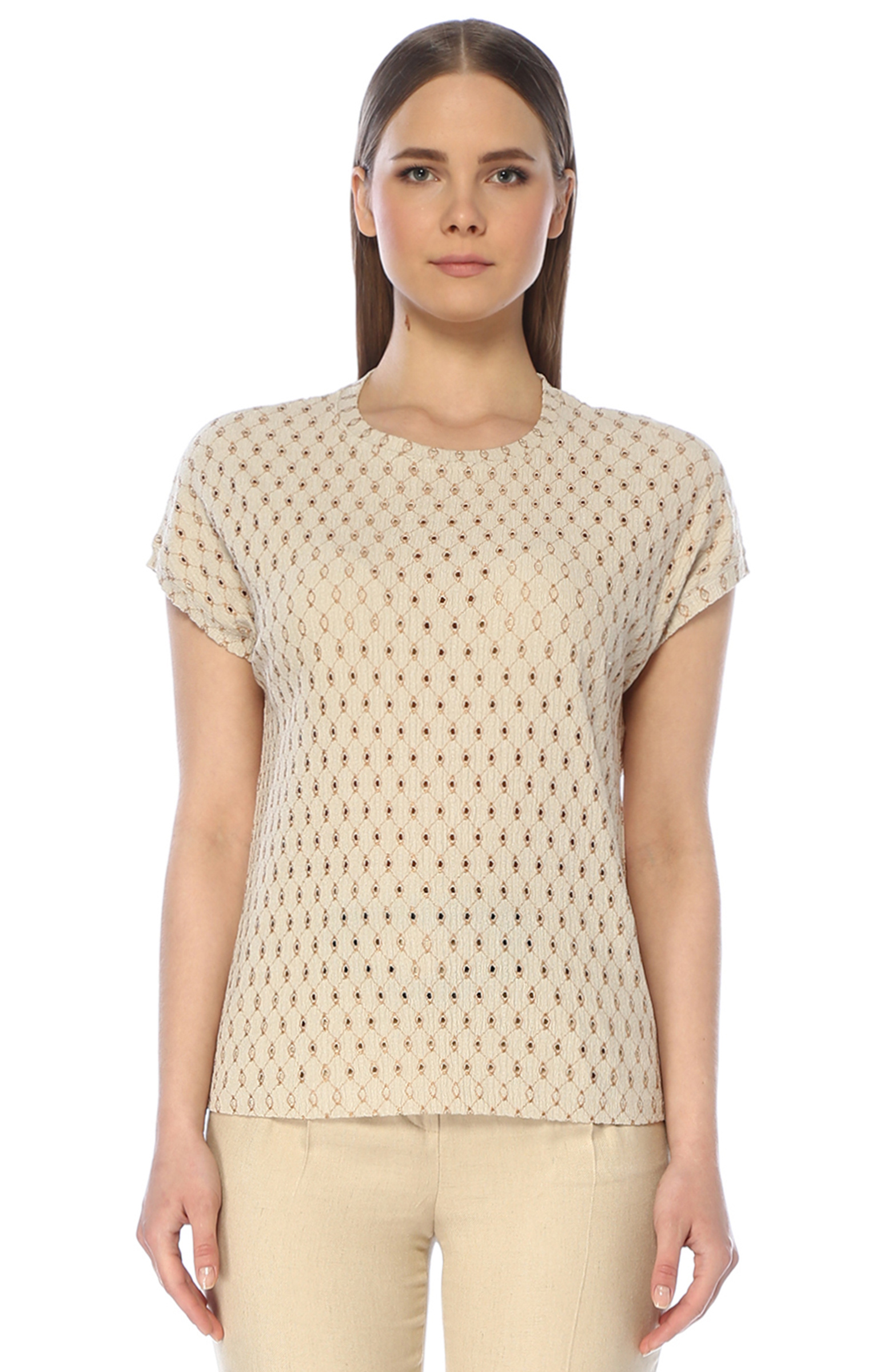 Bej Bisiklet Yaka Geometrik Desenli T-Shirt