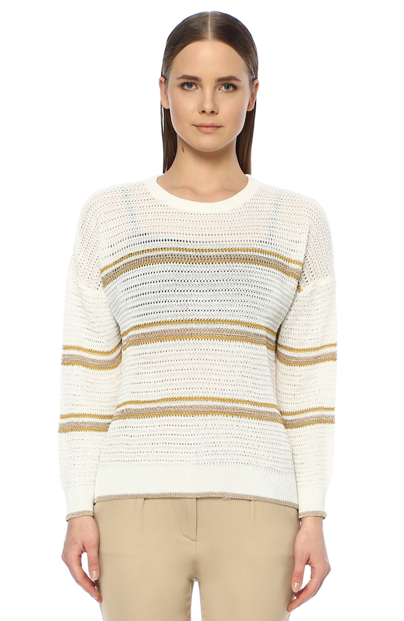 Regular Fit Beyaz Çizgili Kazak