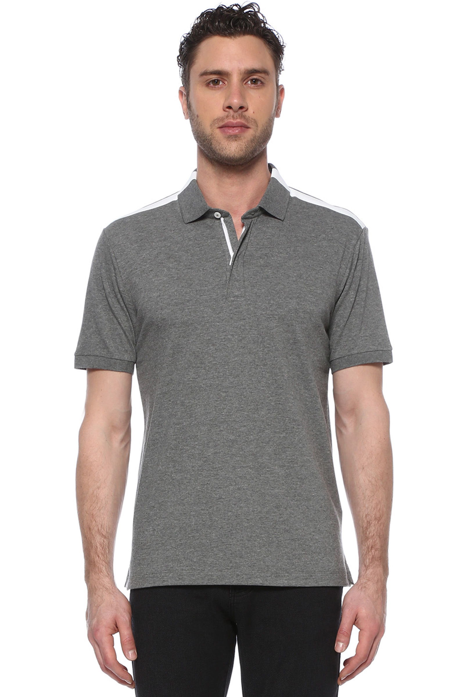 Slim Fit Gri Melanj Polo Yaka Şeritli T-shirt Slim Fit Gri Melanj Polo Yaka Şeritli T-shirt