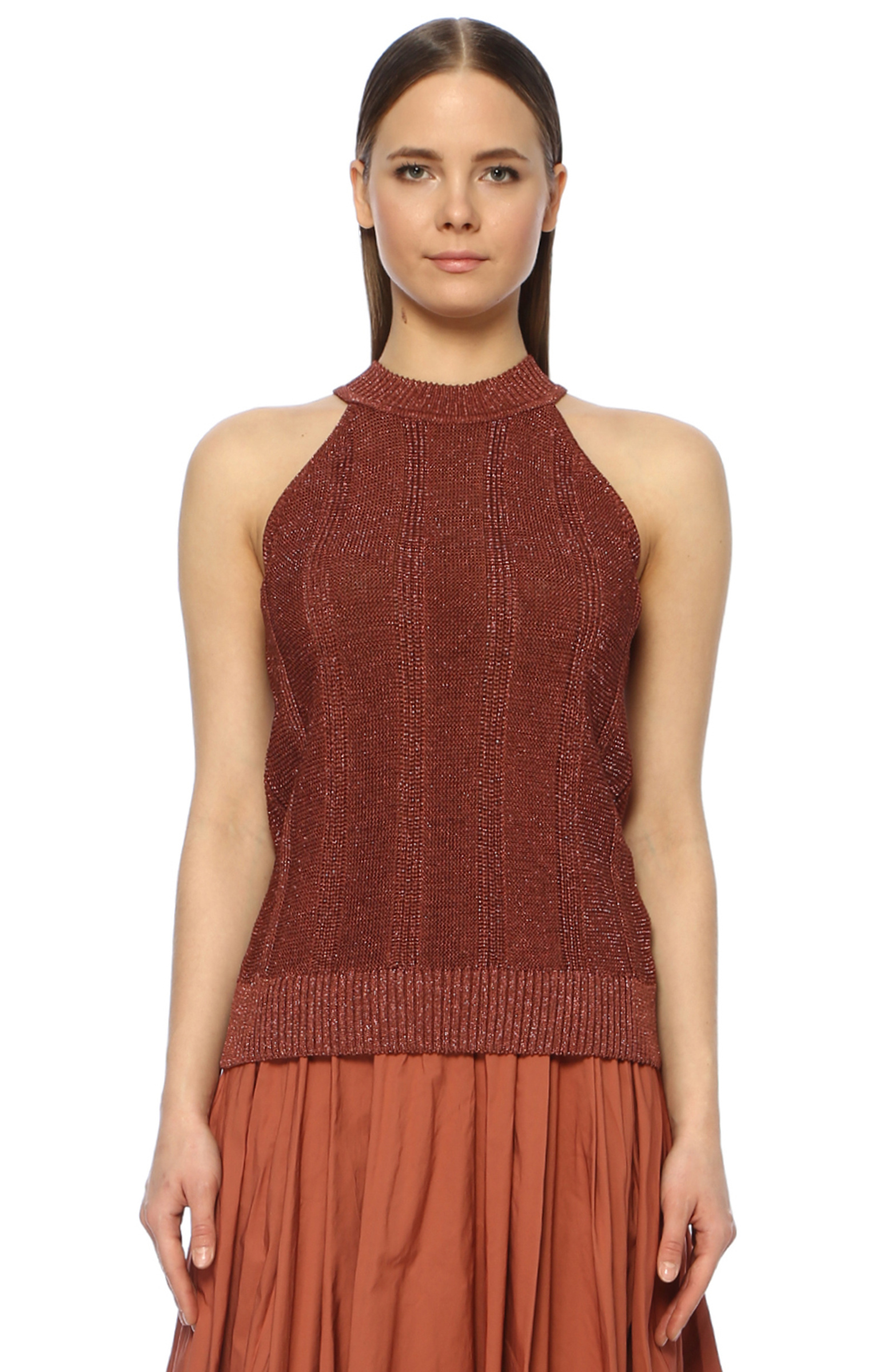 Slim Fit Bakır Halter Yaka Kolsuz Kazak Slim Fit Bakır Halter Yaka Kolsuz Kazak