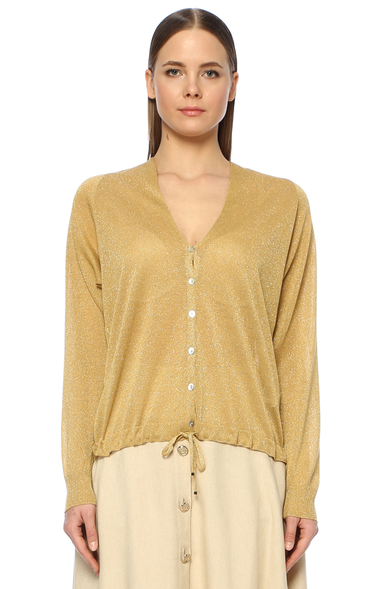 Regular Fit Gold V Yaka Büzgülü Hırka Regular Fit Gold V Yaka Büzgülü Hırka