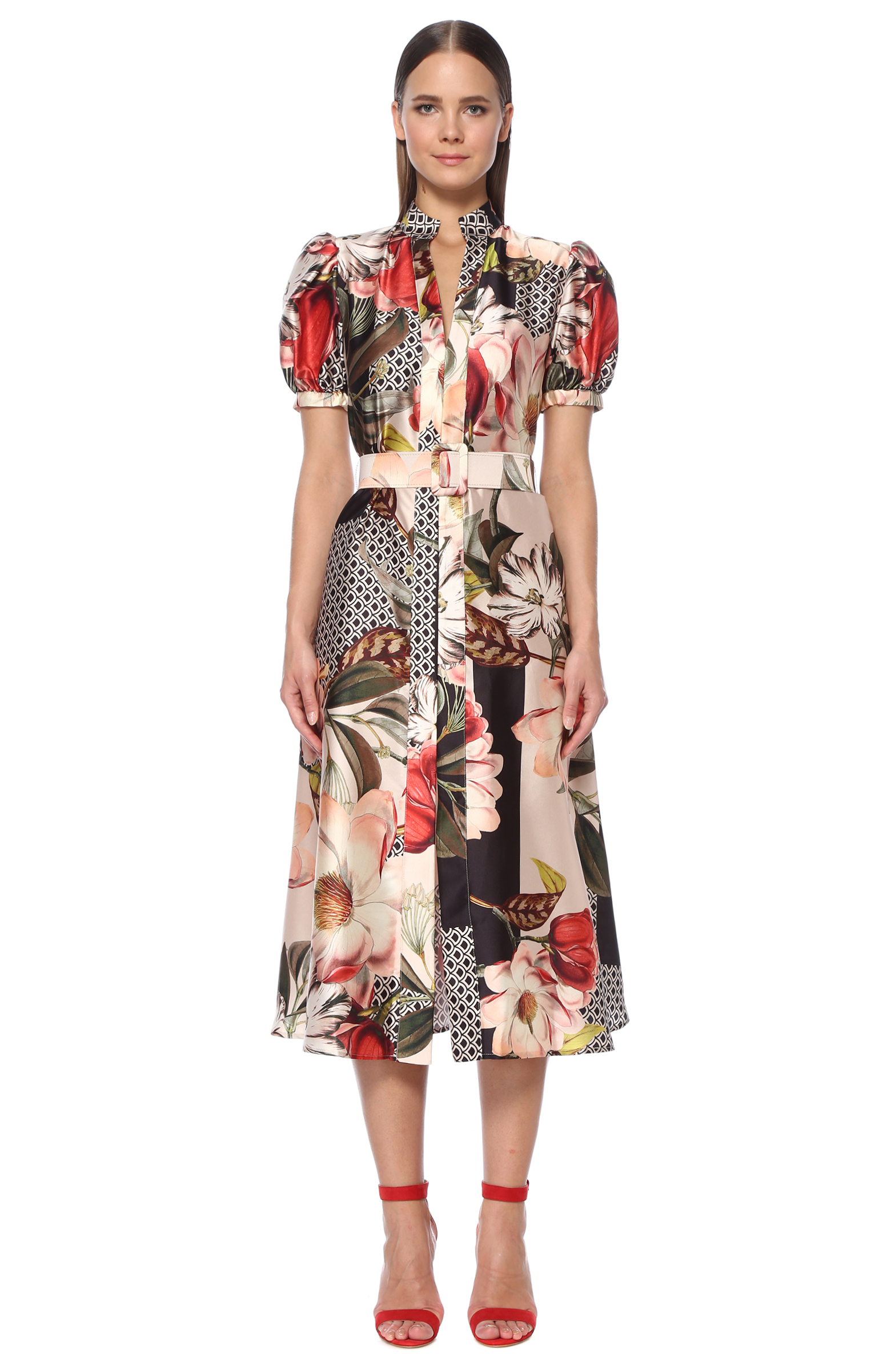 Pudra Çiçek Desenli Midi Elbise Pudra Çiçek Desenli Midi Elbise