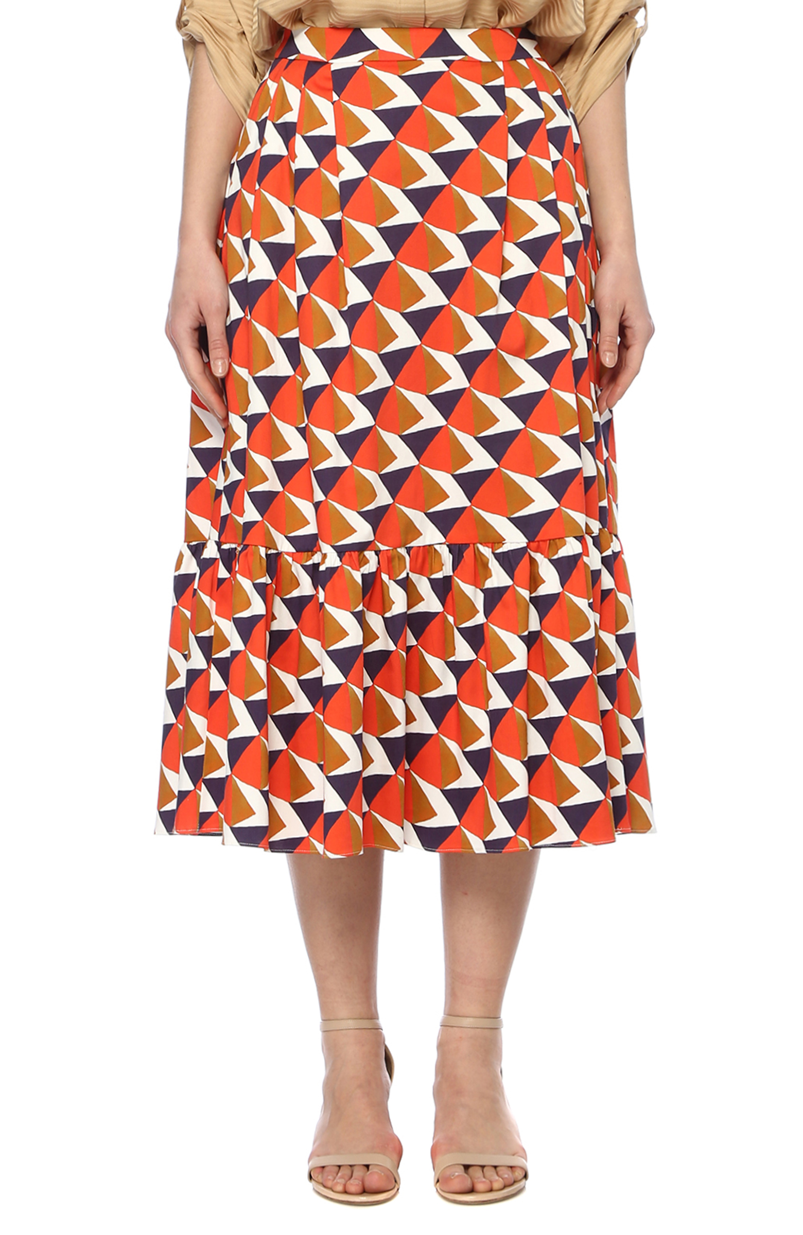 Nar Çiçeği Geometrik Desenli Midi Etek