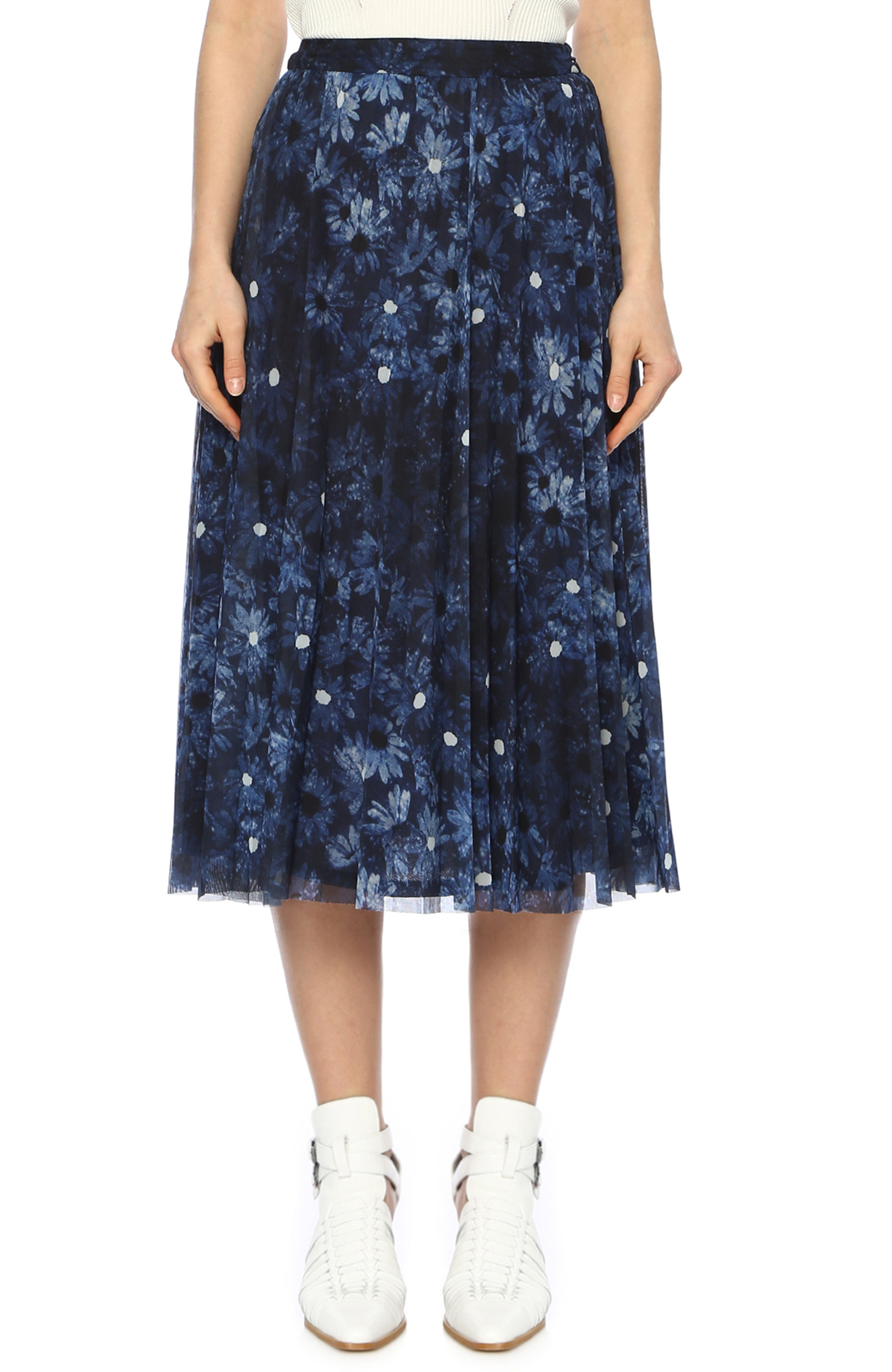 Lacivert Çiçekli Pilili Midi Etek