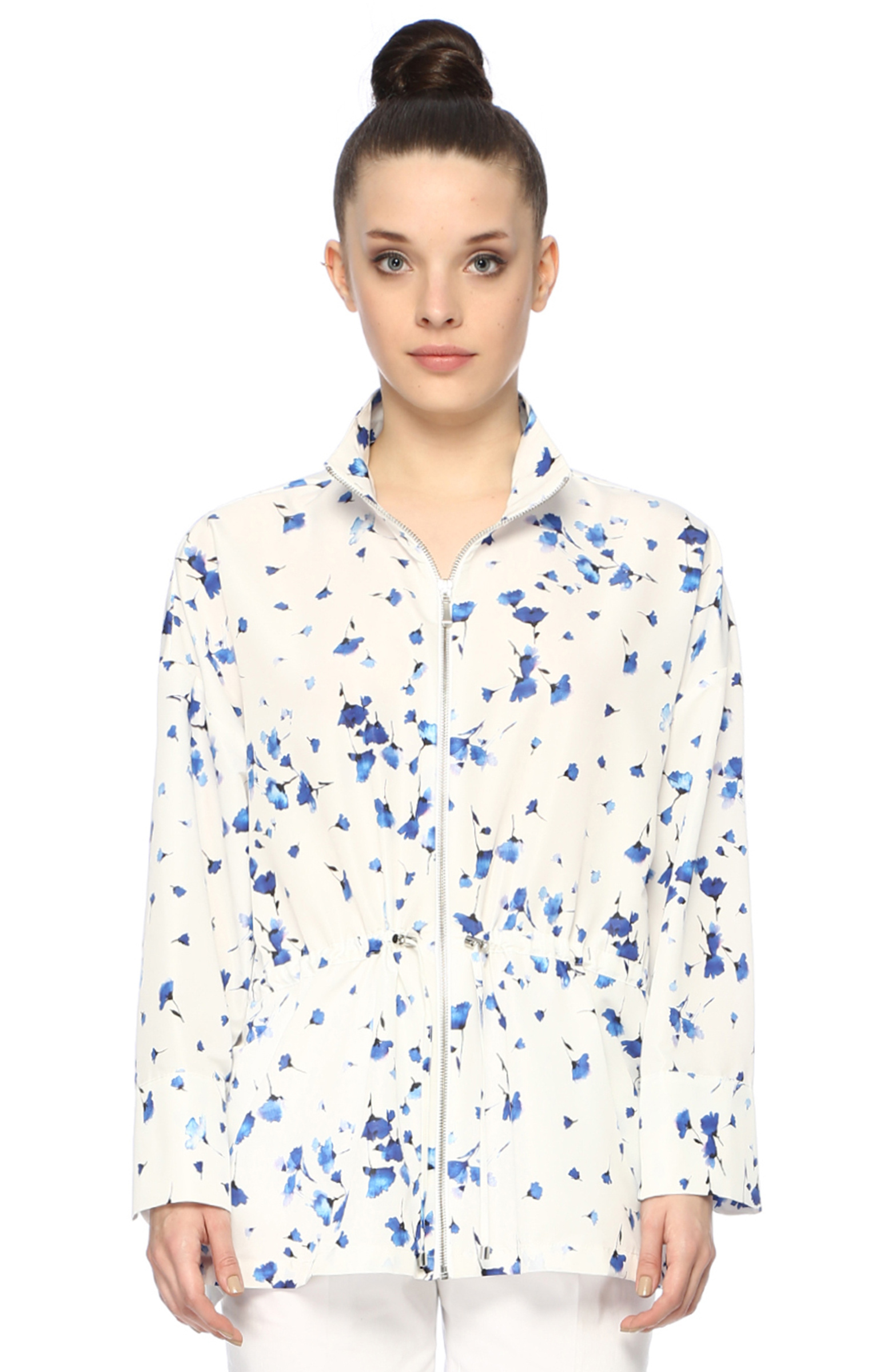 Regular Fit Ekru Dik Yaka Çiçekli Mont