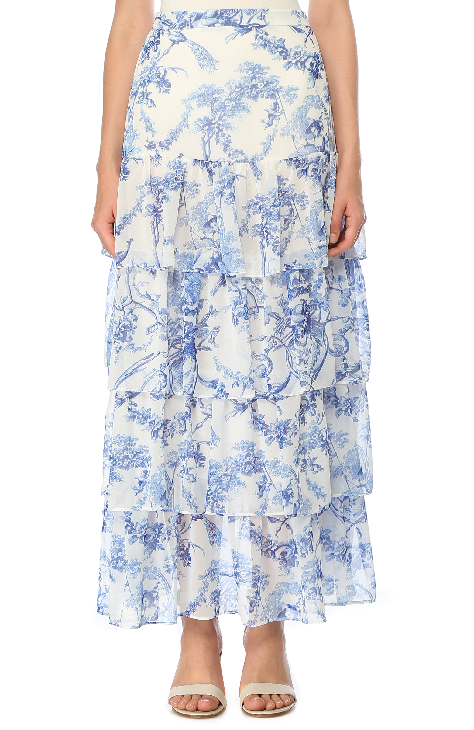 Mavi Beyaz Desenli Fırfır Detaylı Midi Etek Mavi Beyaz Desenli Fırfır Detaylı Midi Etek