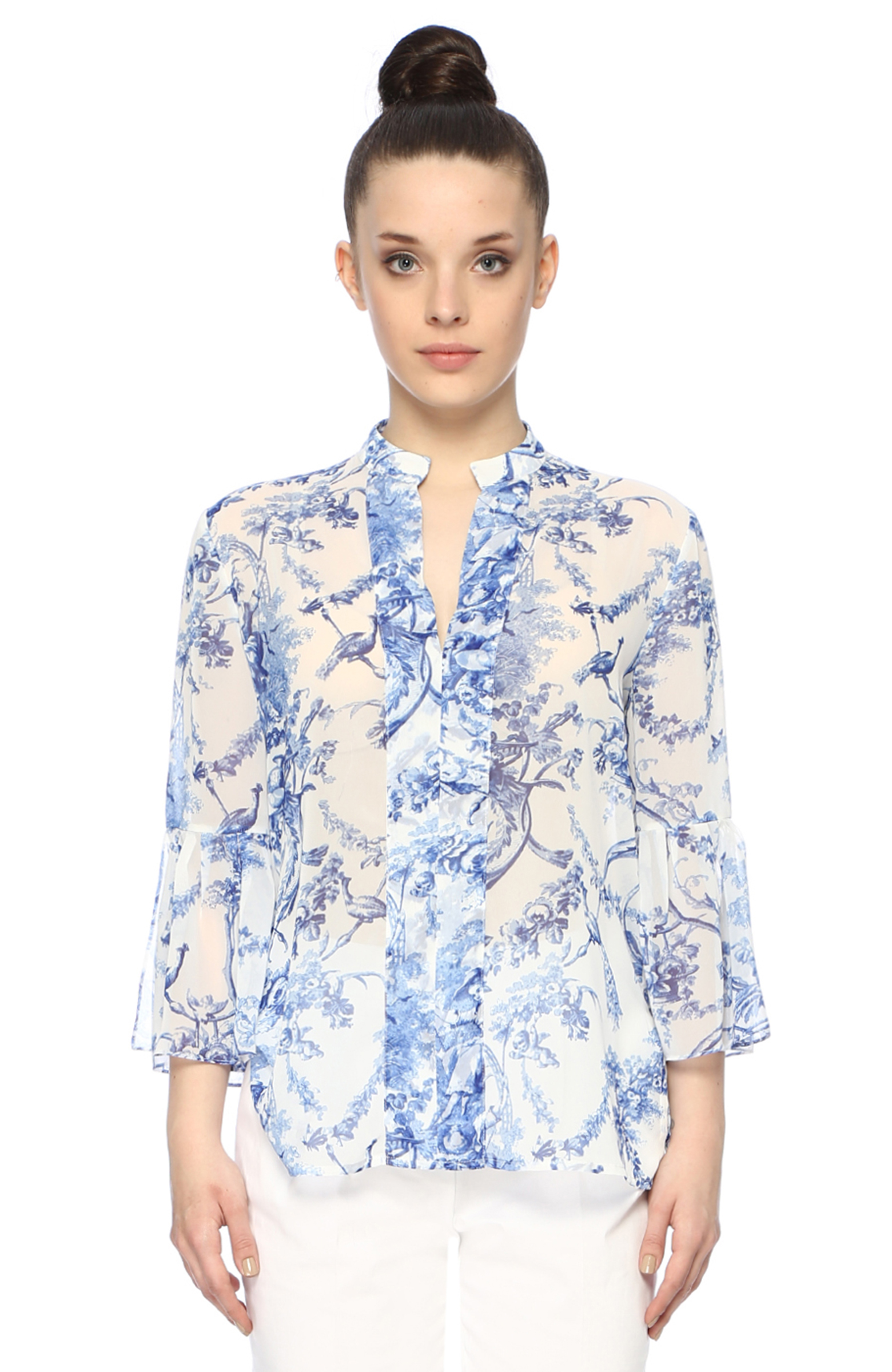 Ekru Mavi Desenli Bluz