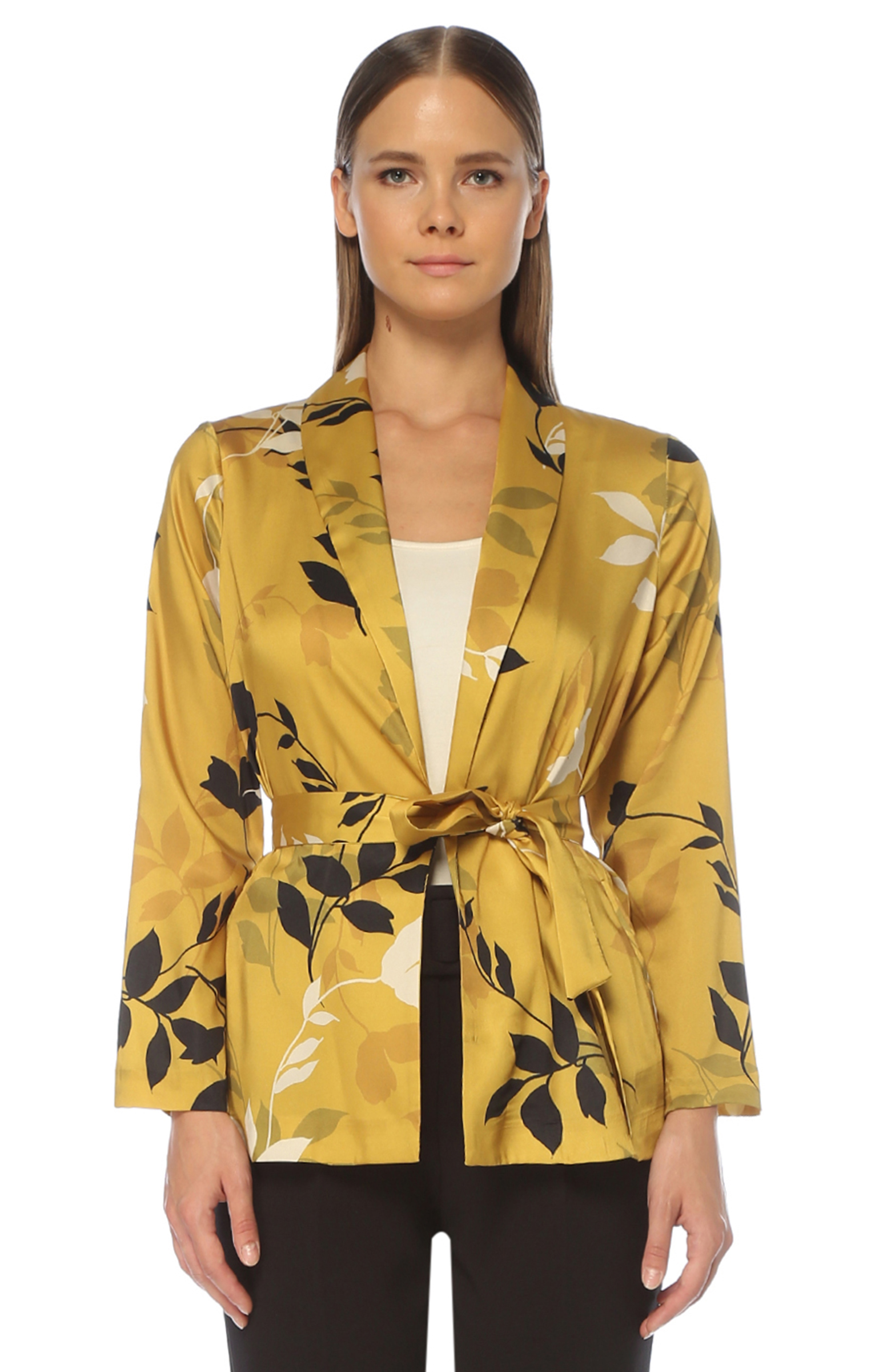 Sarı Şal Yaka Desenli Beli Kuşaklı Ceket