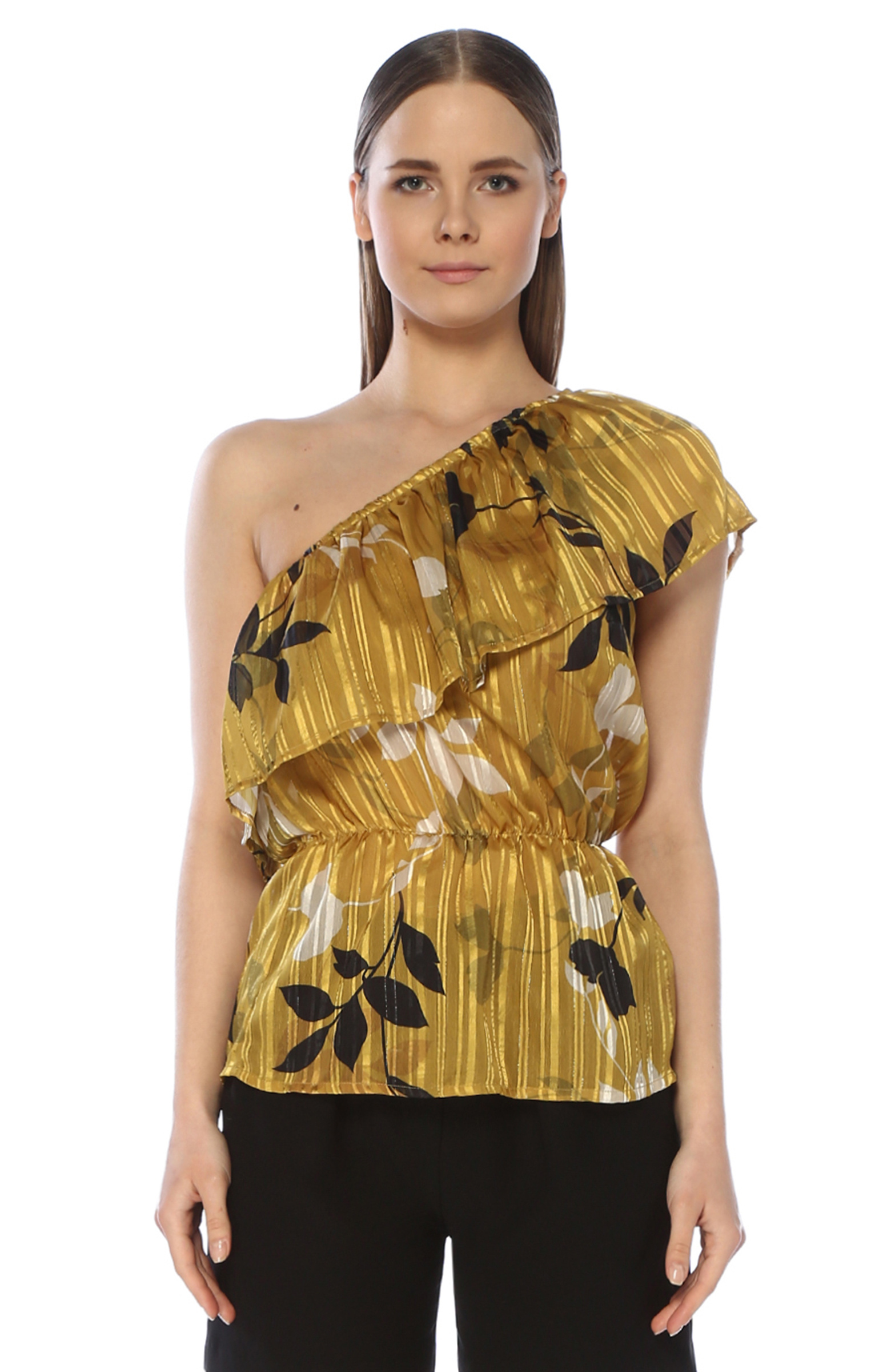 Sarı Tek Omuzlu Desenli Volanlı Bluz