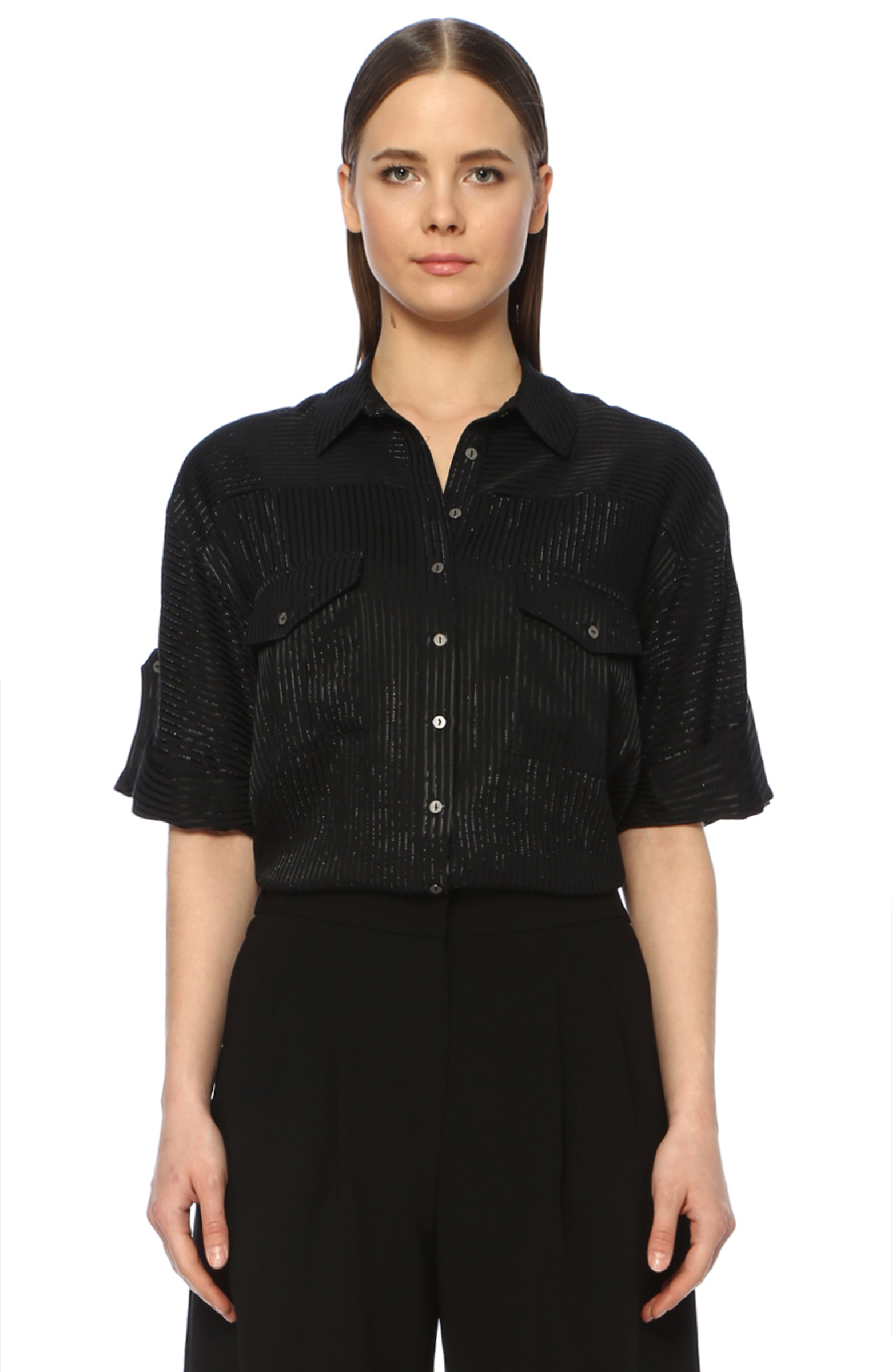 Regular Fit Siyah Çizgili Kısa Kol Gömlek