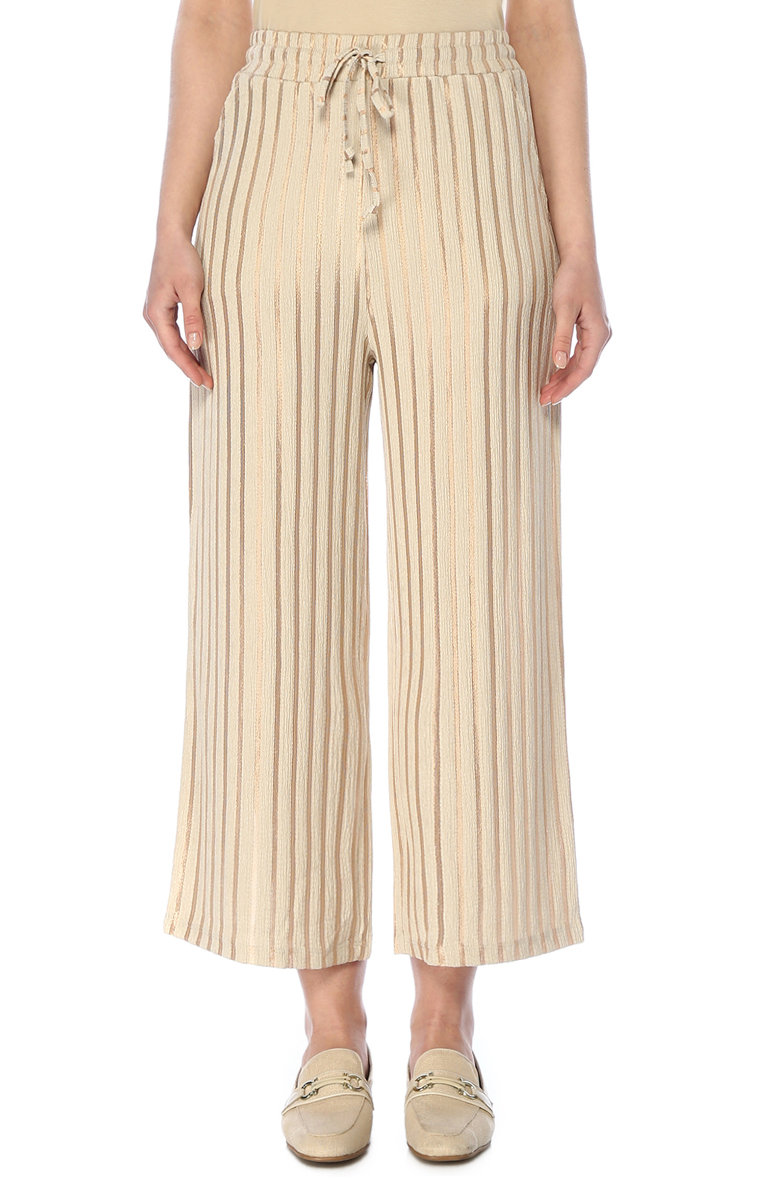 Regular Fit Bej Çizgili Pantolon