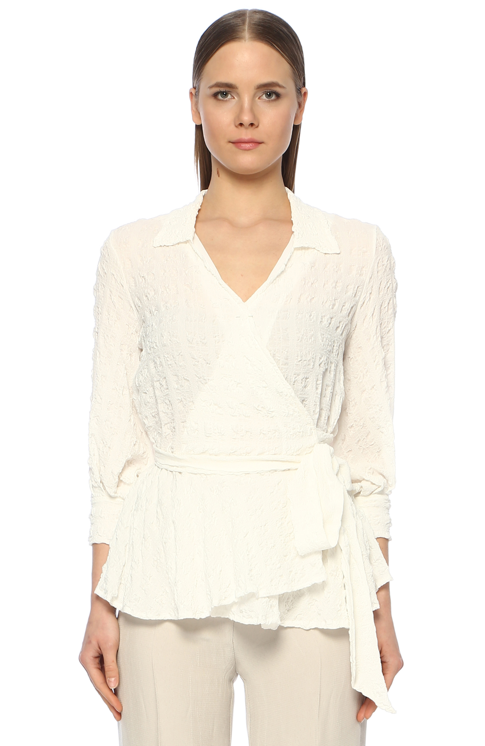 Ekru Dokulu Kruvaze Bluz Ekru Dokulu Kruvaze Bluz