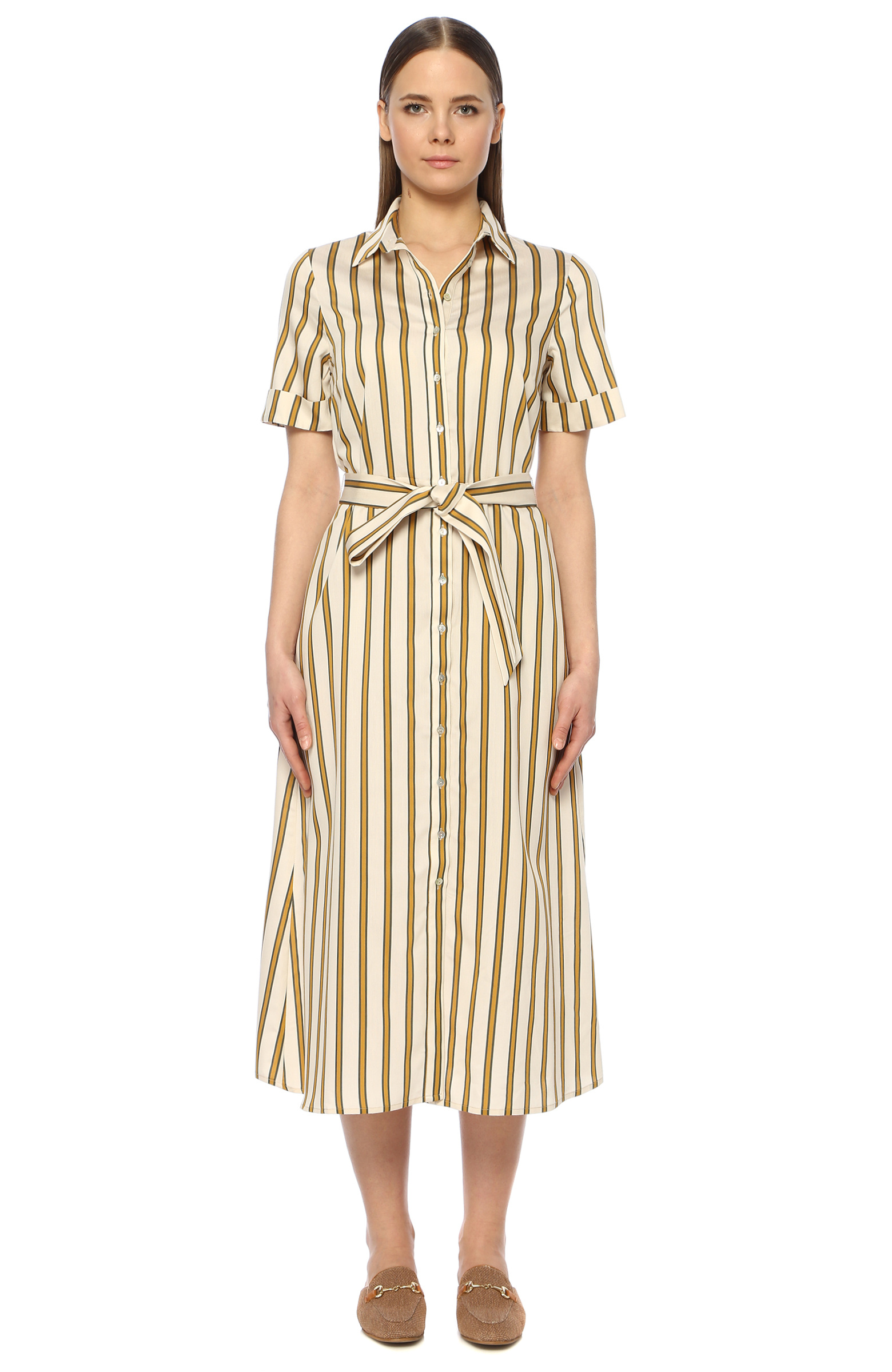Ekru Çizgili Kuşaklı Midi Gömlek Elbise