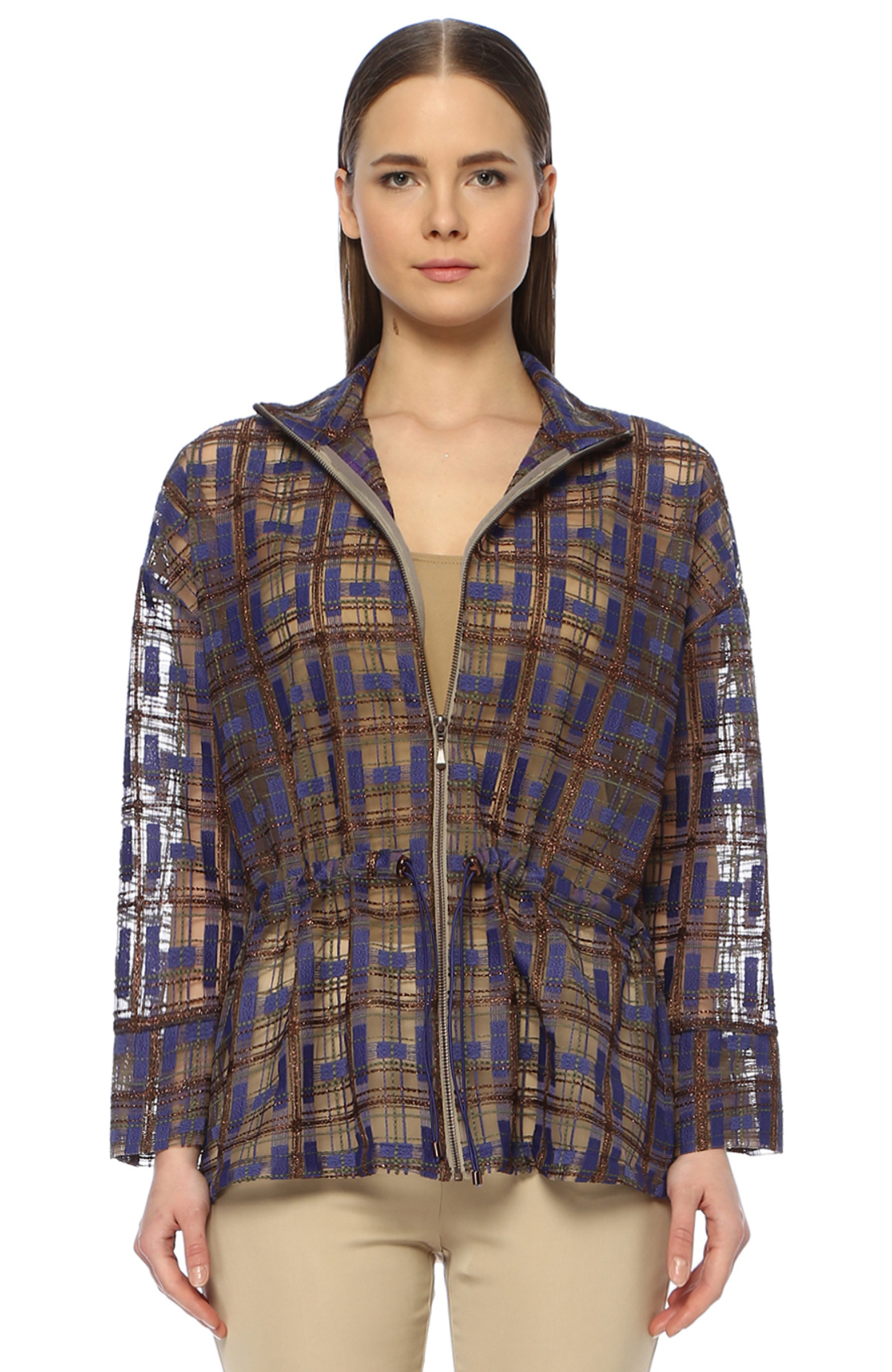 Regular Fit Mor Kareli Beli Büzgülü Mont