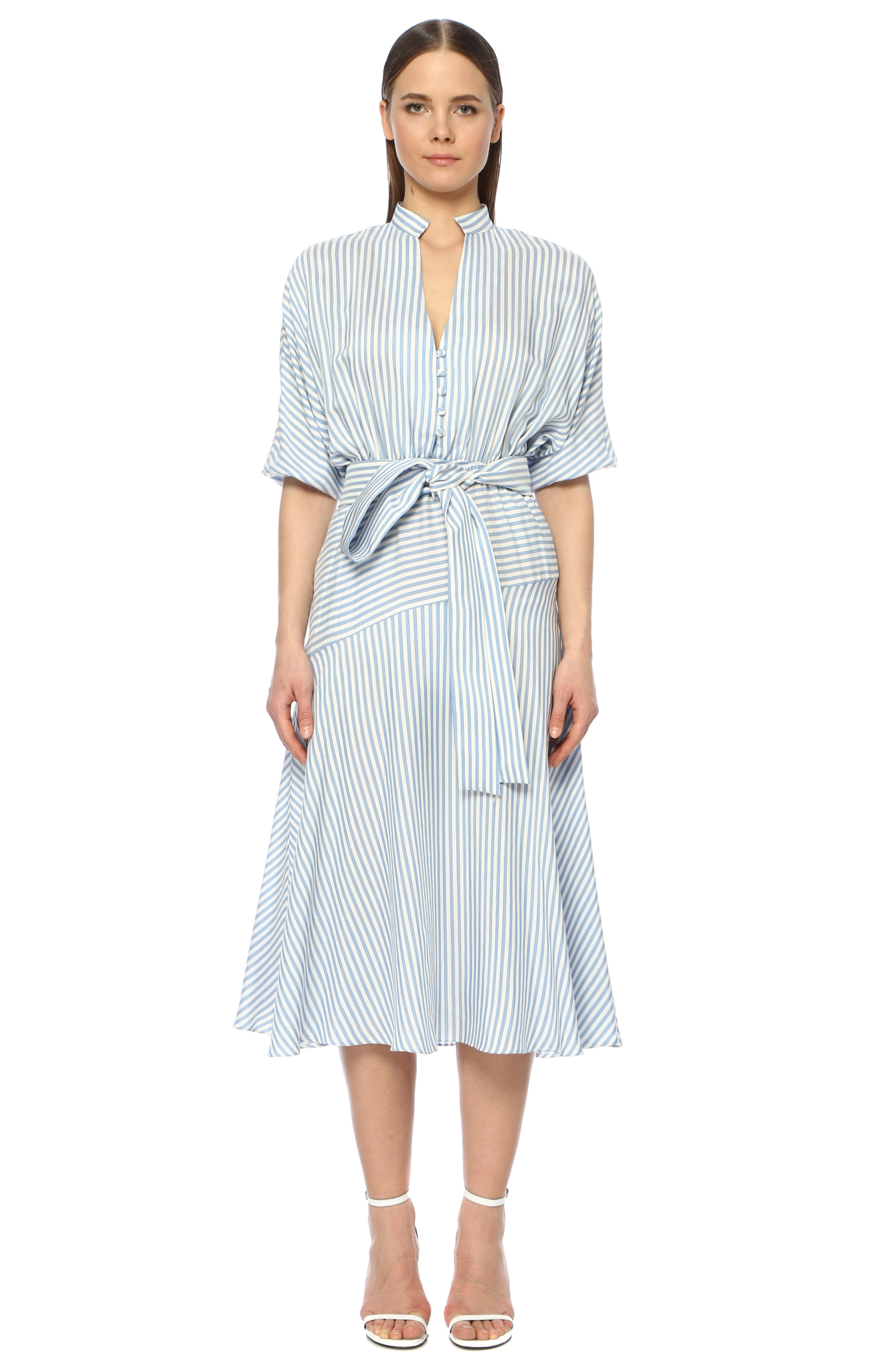 Ekru Mavi Çizgili Midi Gömlek Elbise