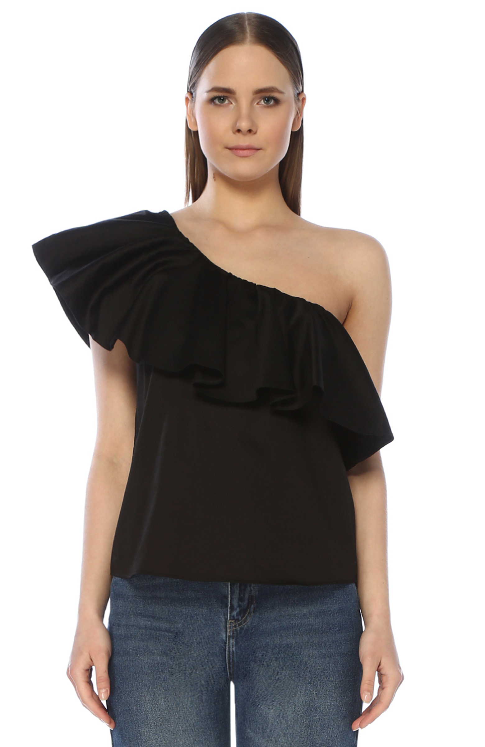 Siyah Tek Omuzlu Volanlı Bluz