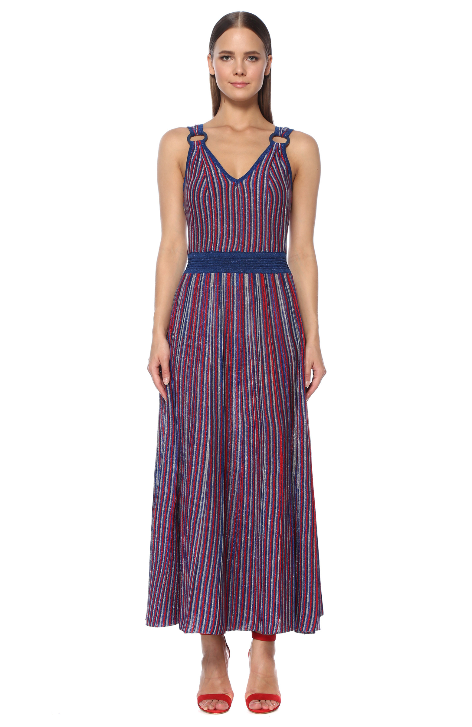 Regualr Fit Saks V Yaka Çizgili Uzun Elbise