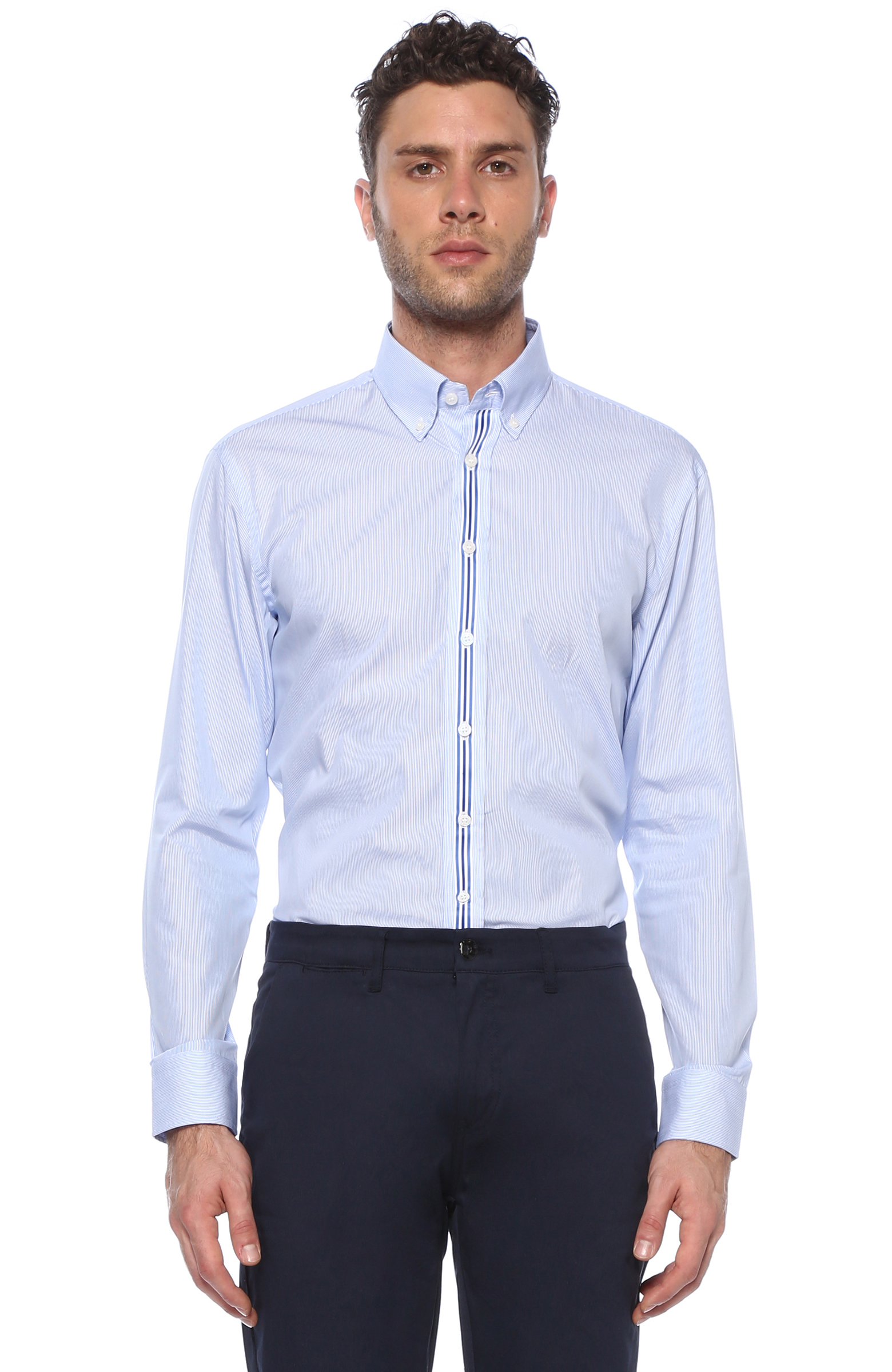 Slim Fit Mavi Beyaz Çizgili Gömlek Slim Fit Mavi Beyaz Çizgili Gömlek