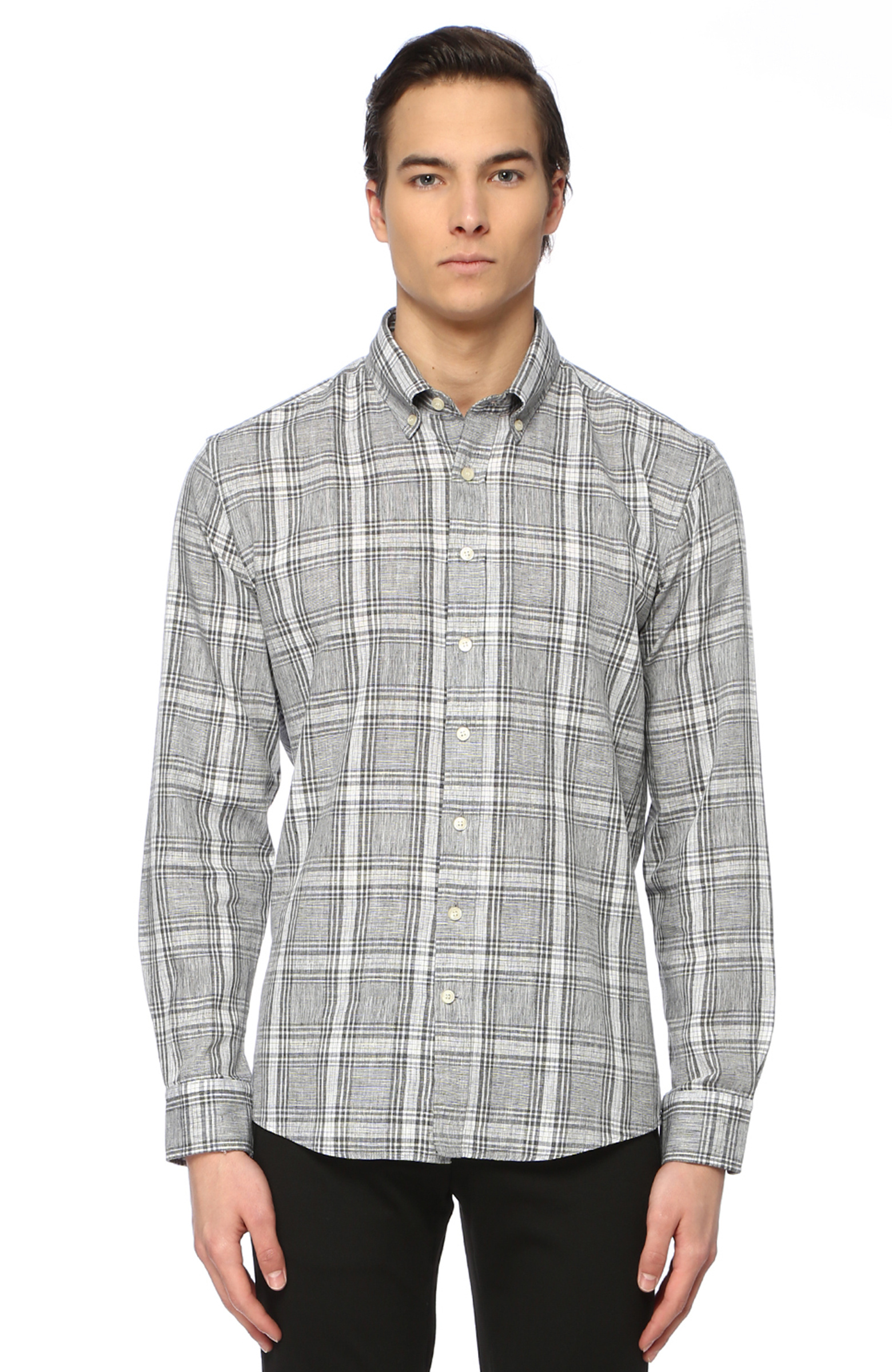 Slim Fit Gri Ekose Desenli Gömlek