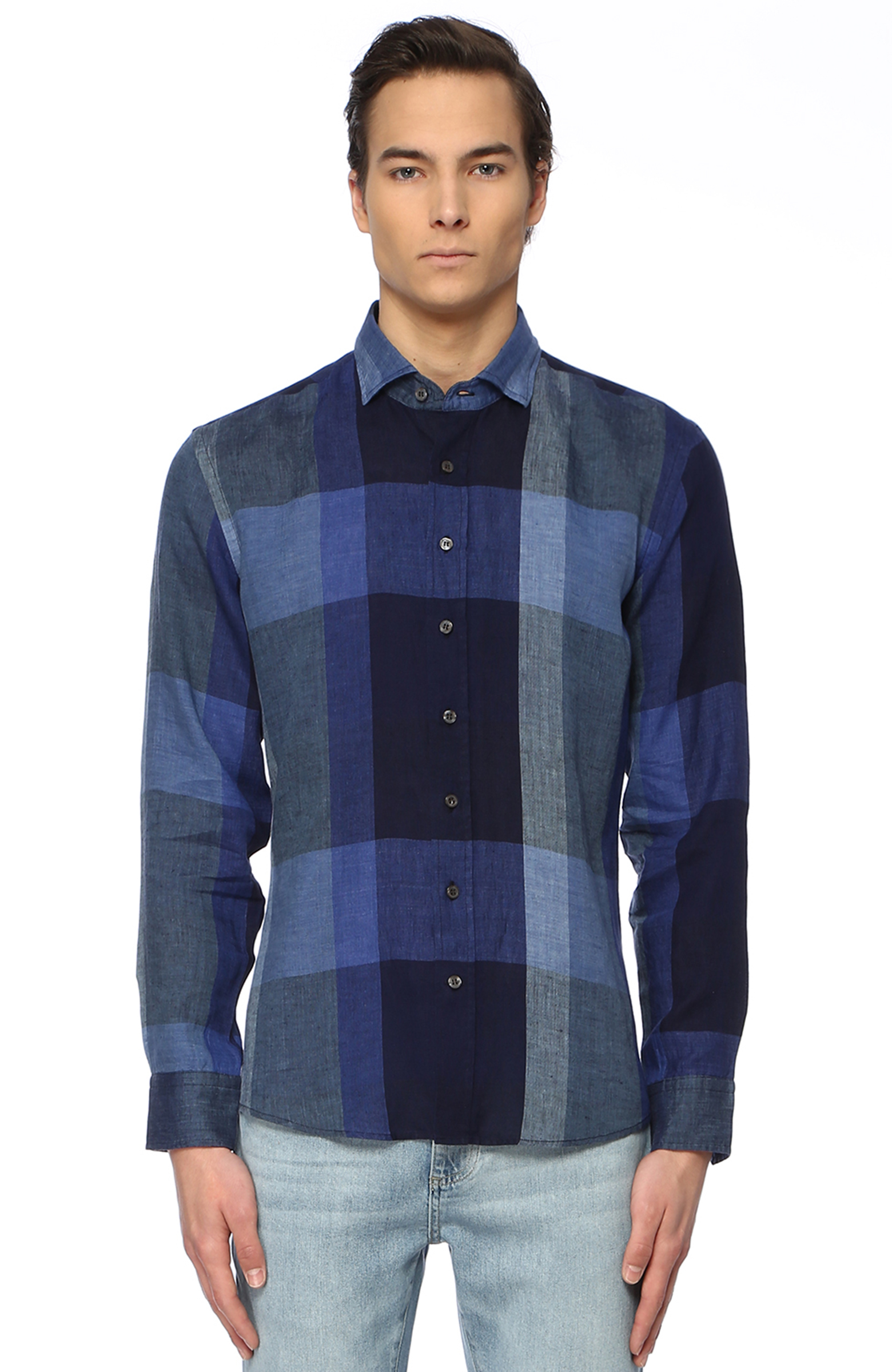 Slim Fit Lacivert Kareli Keten Gömlek Slim Fit Lacivert Kareli Keten Gömlek