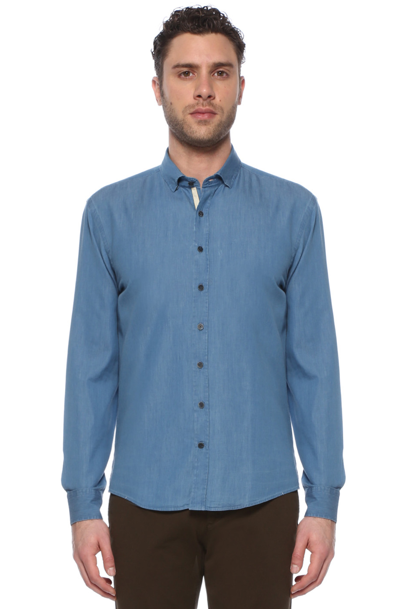 Slim Fit Mavi Polo Yaka Denim Gömlek