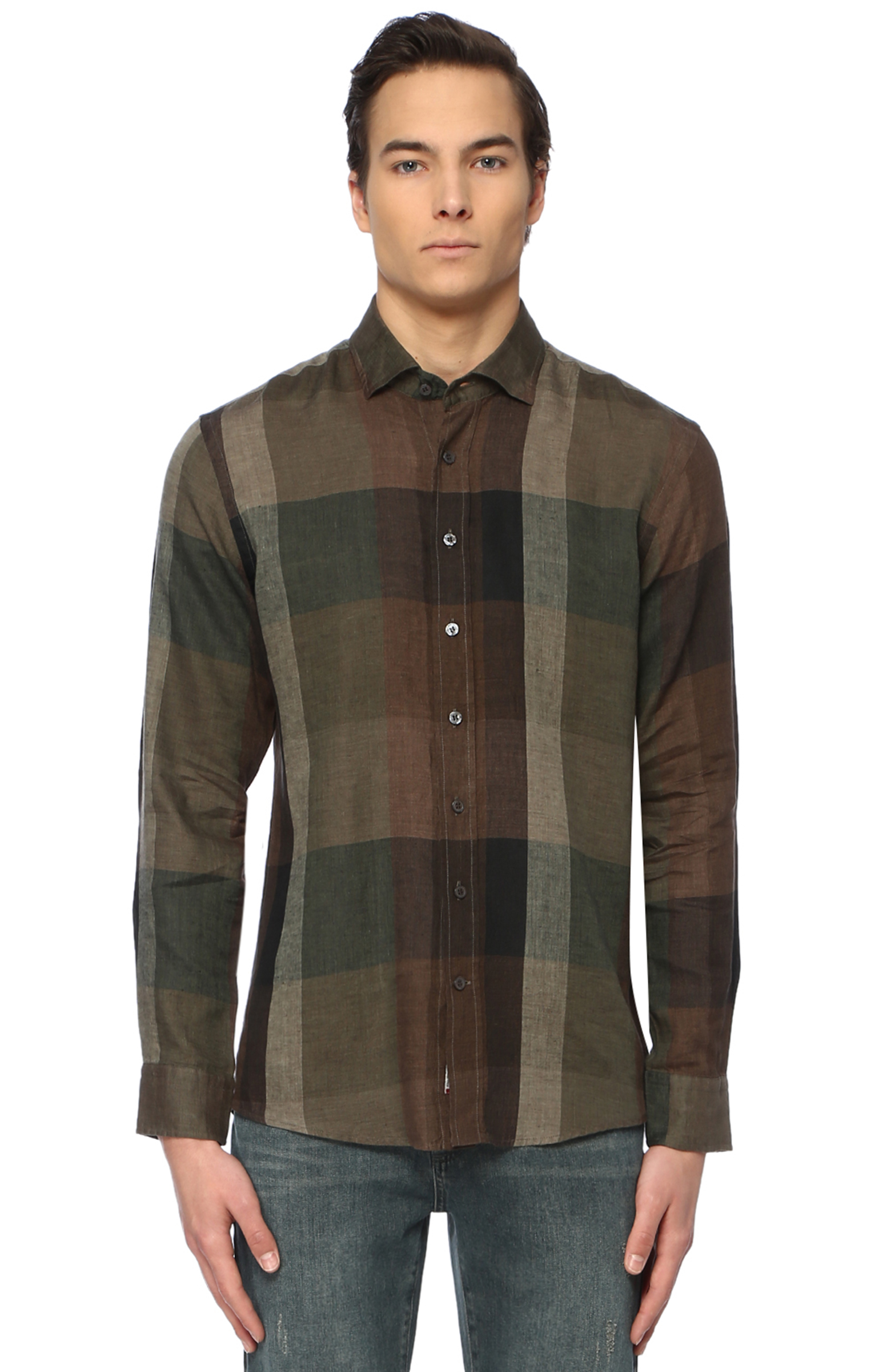 Slim Fit Kahverengi Kareli Keten Gömlek Slim Fit Kahverengi Kareli Keten Gömlek