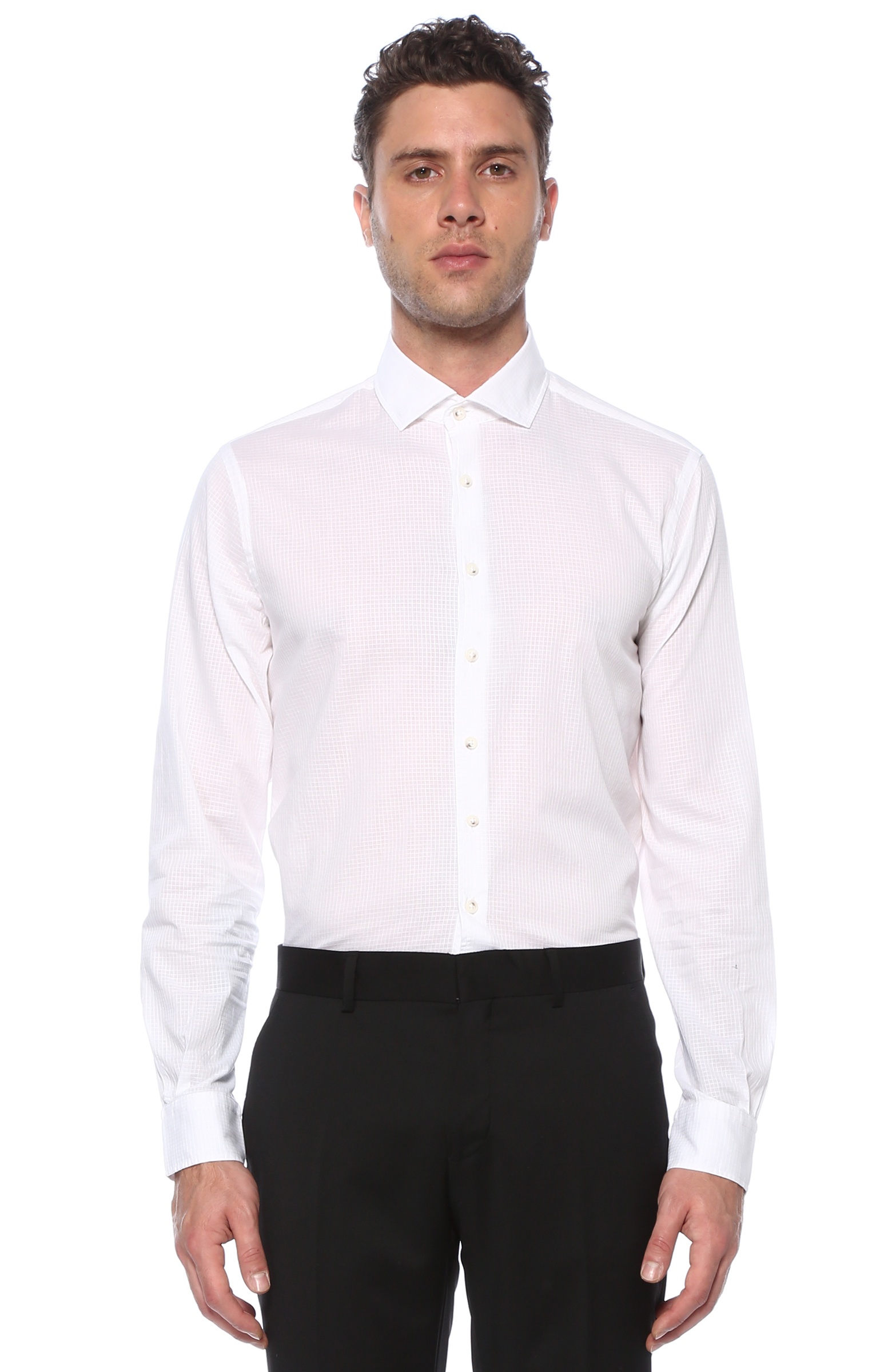 Regular Fit Beyaz Polo Yaka Mikro Kareli Gömlek Regular Fit Beyaz Polo Yaka Mikro Kareli Gömlek