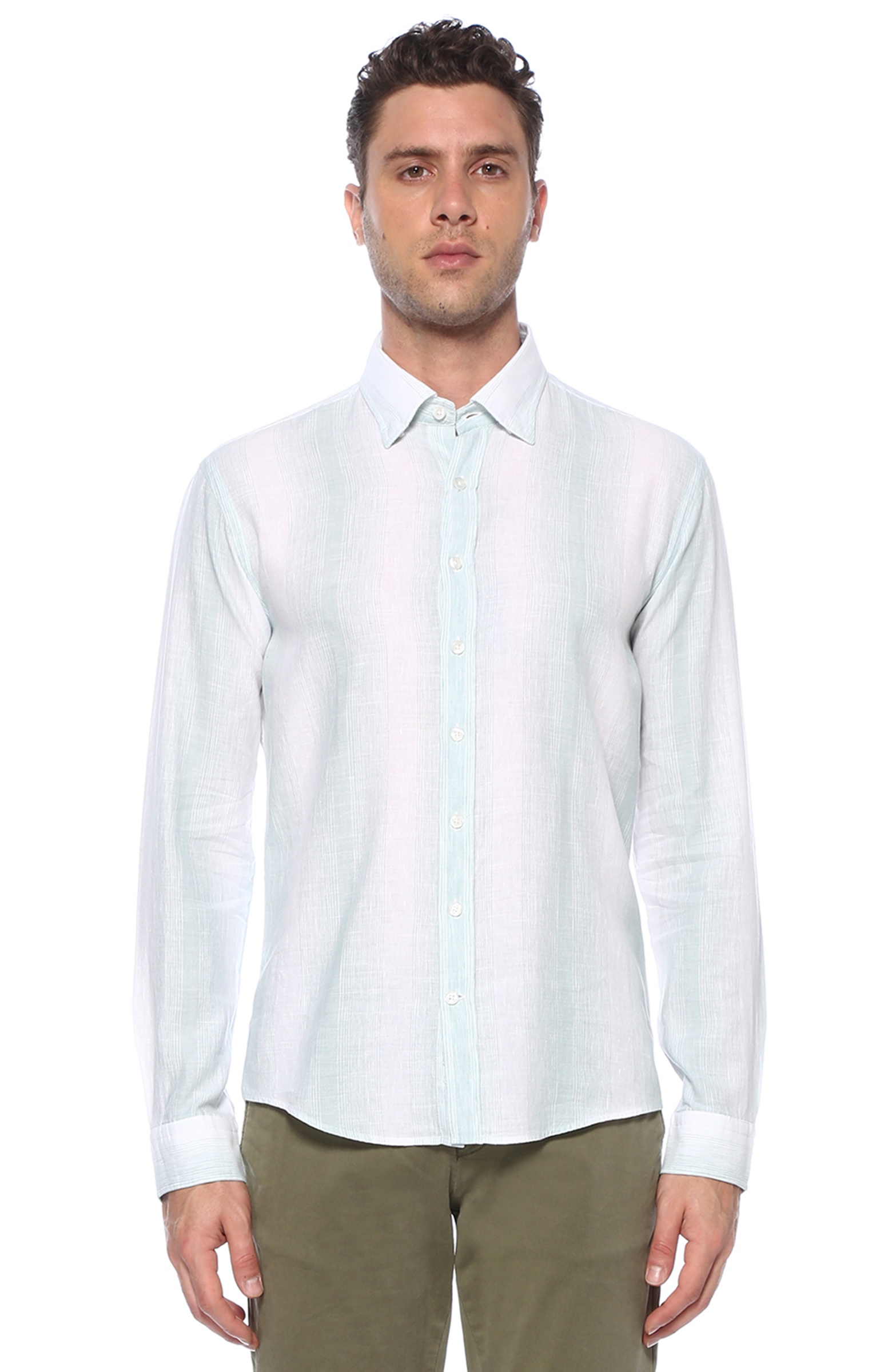 Slim Fit Yeşil Çizgi Desenli Gömlek