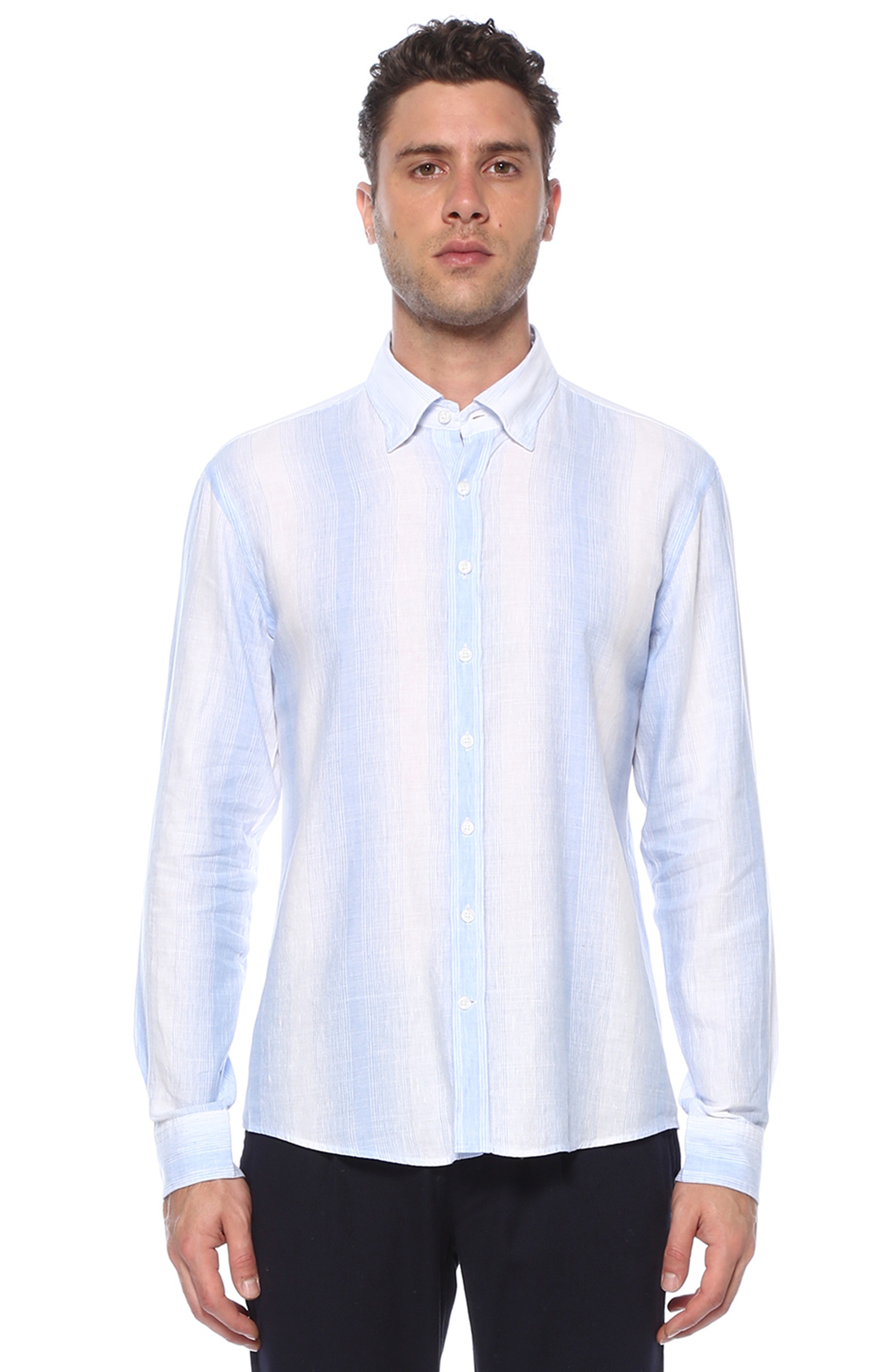 Slim Fit Beyaz Polo Yaka Çizgi Desenli Gömlek Slim Fit Beyaz Polo Yaka Çizgi Desenli Gömlek