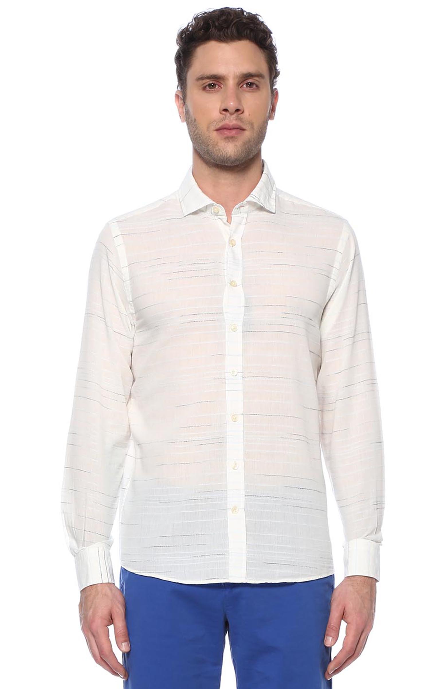 Regular Fit Ekru Çizgi Desen Jakarlı Gömlek Regular Fit Ekru Çizgi Desen Jakarlı Gömlek