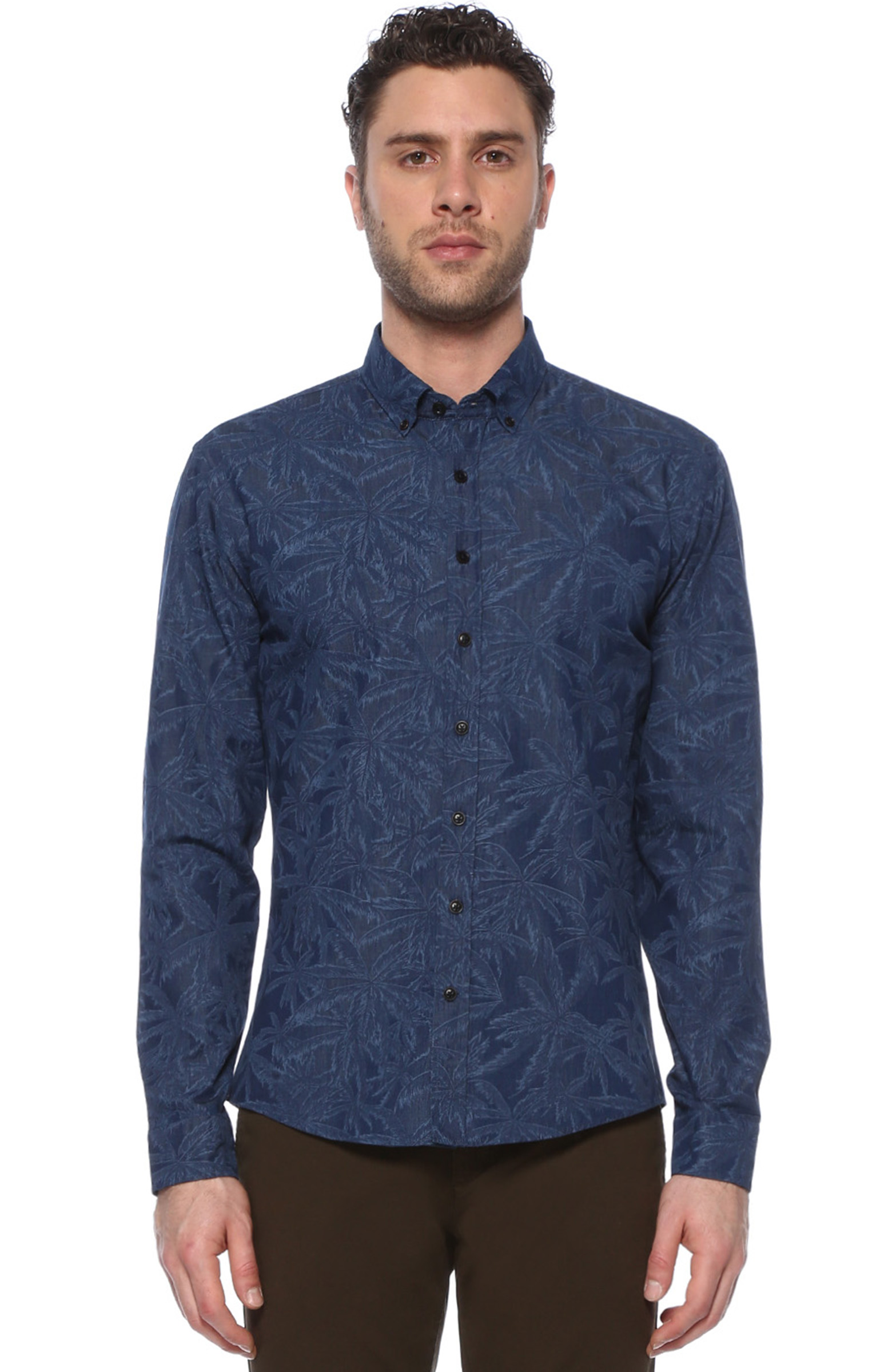 Slim Fit Lacivert Polo Yaka Palmiye Desenli Gömlek Slim Fit Lacivert Polo Yaka Palmiye Desenli Gömlek