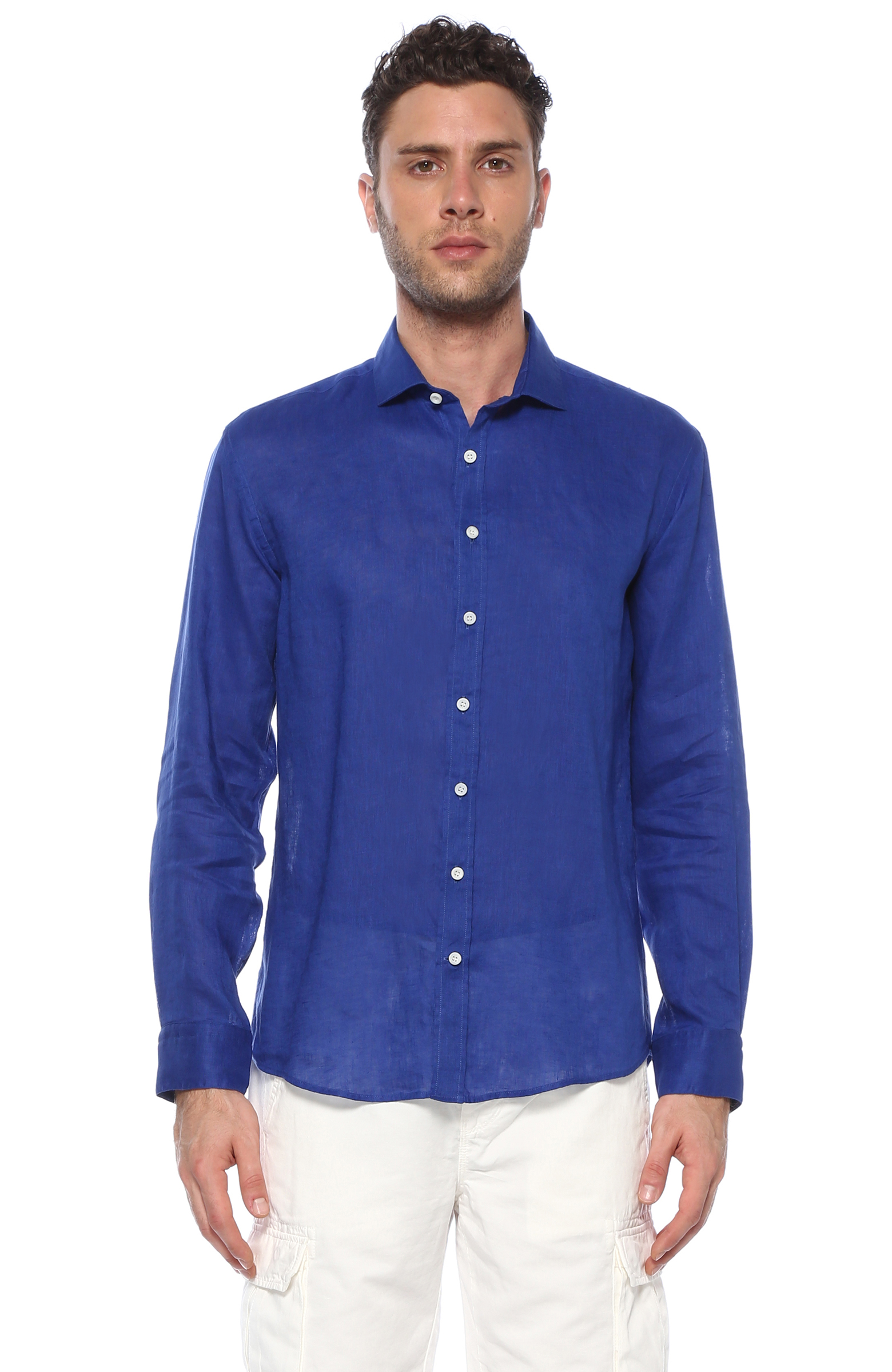 Slim Fit Mavi Keten Gömlek