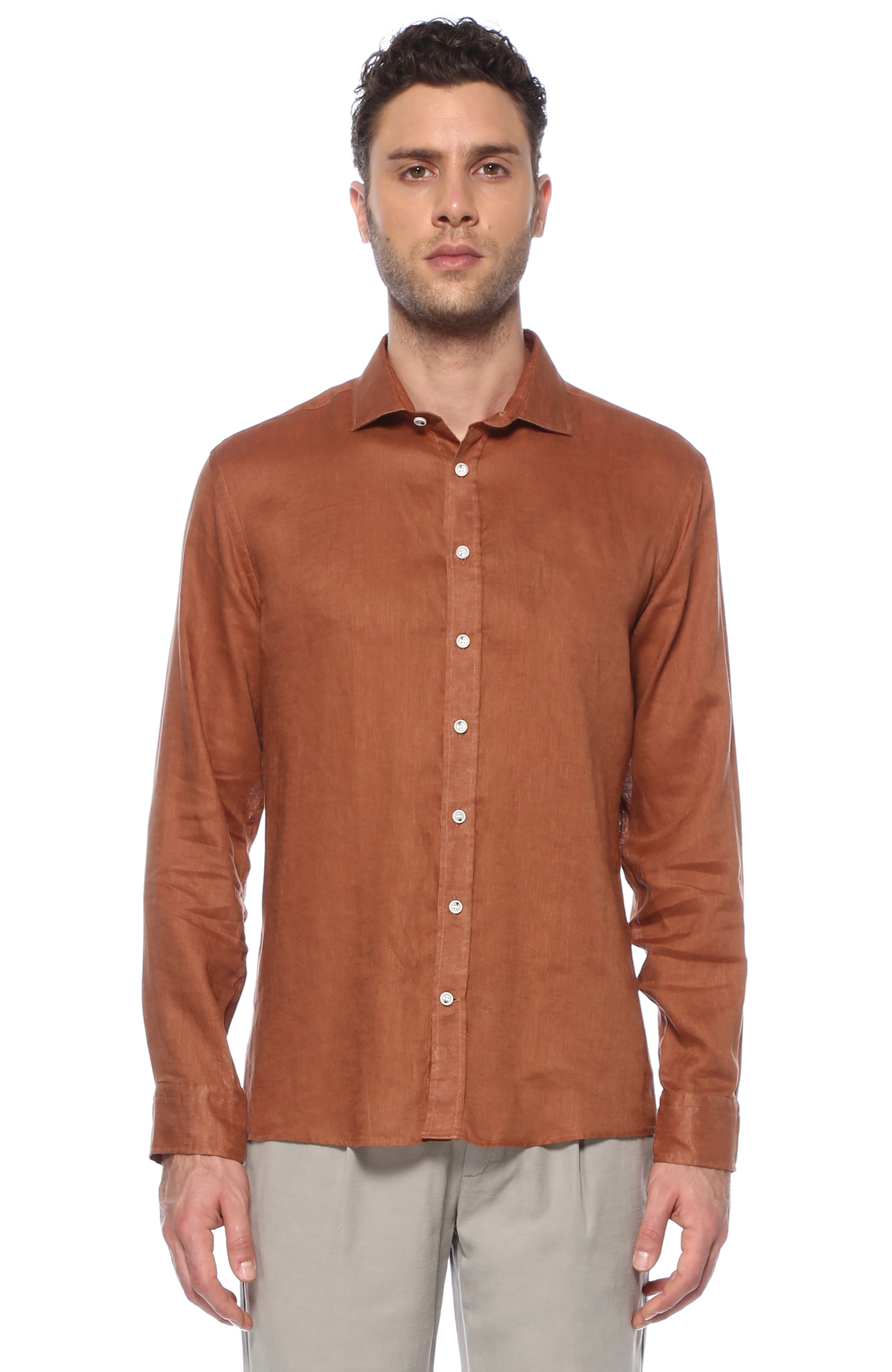 Slim Fit Kiremit Keten Gömlek