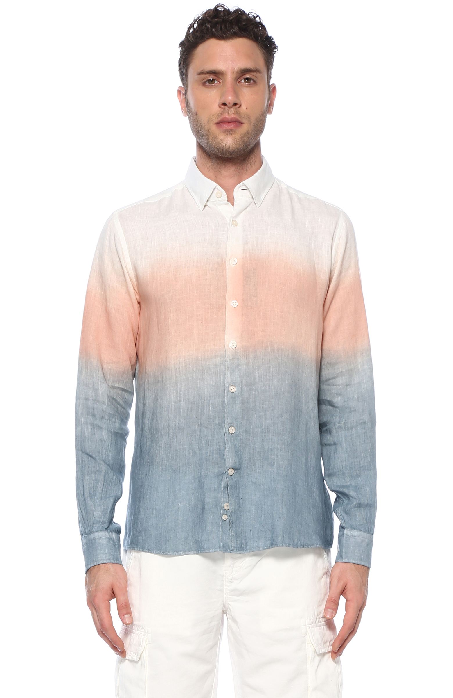 Slim Fit Colorblocked Degradeli Keten Gömlek Slim Fit Colorblocked Degradeli Keten Gömlek