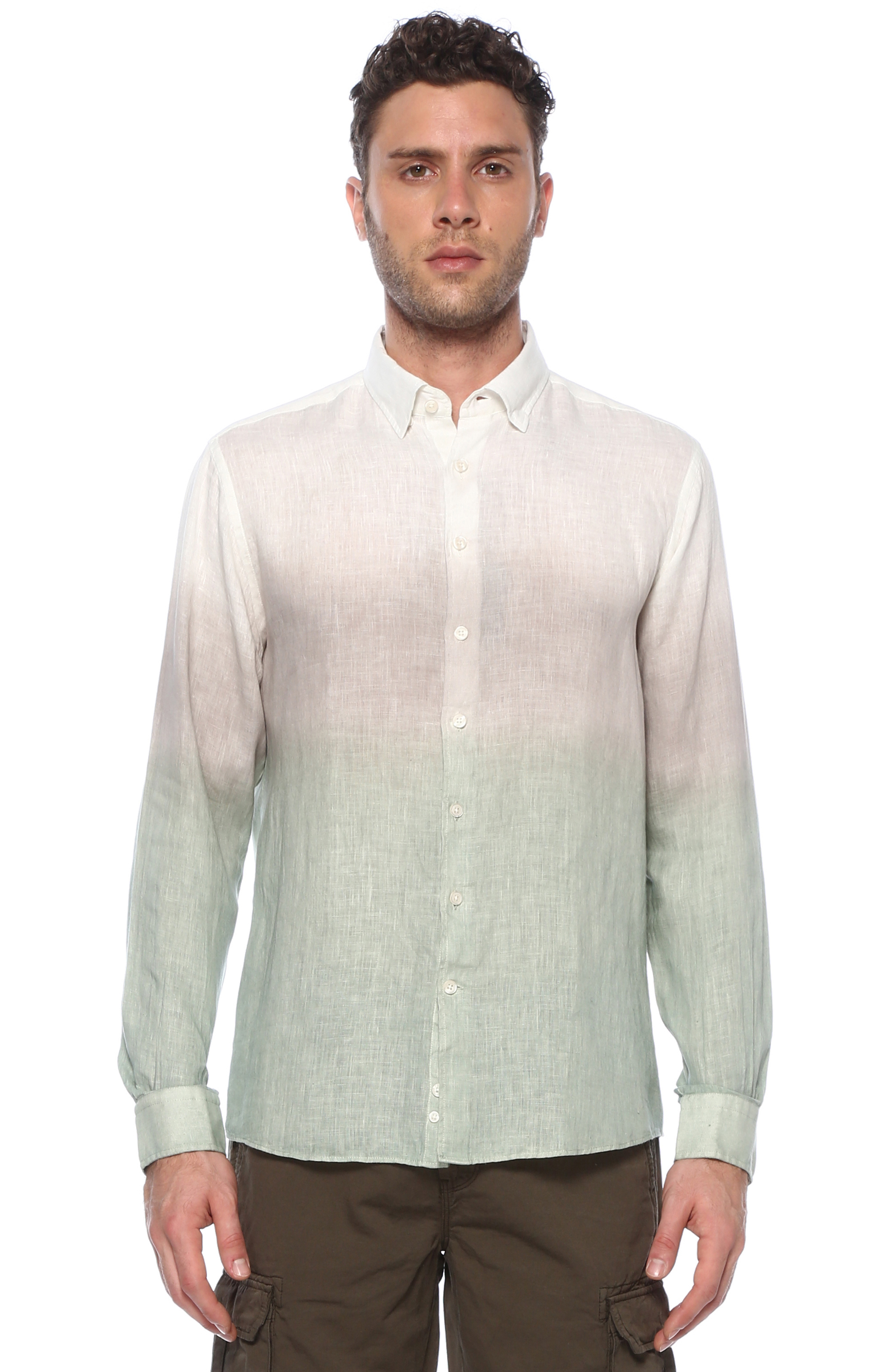 Slim Fit Colorblocked Degradeli Keten Gömlek Slim Fit Colorblocked Degradeli Keten Gömlek