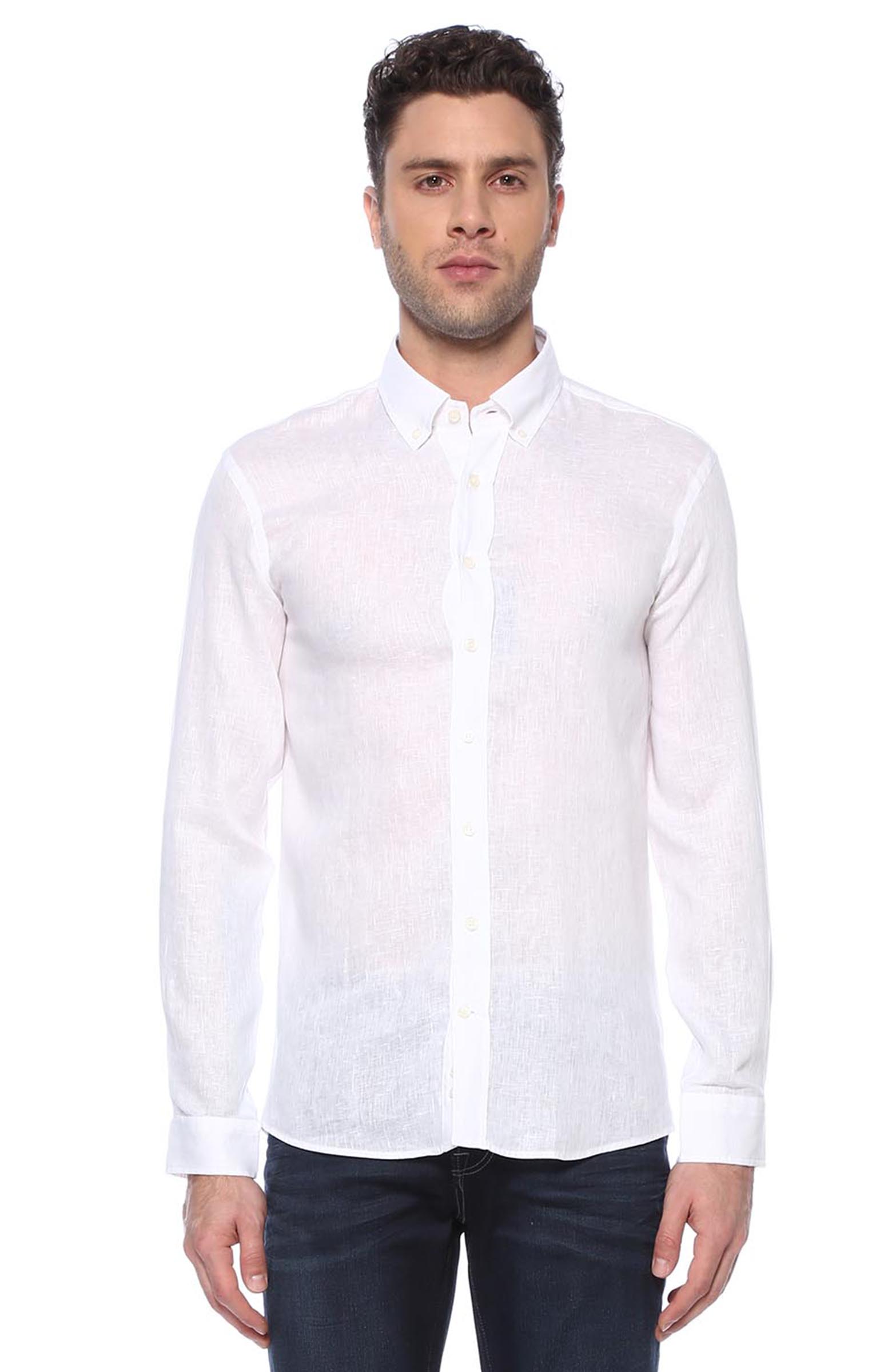 Slim Fit Beyaz Polo Yaka Keten Gömlek