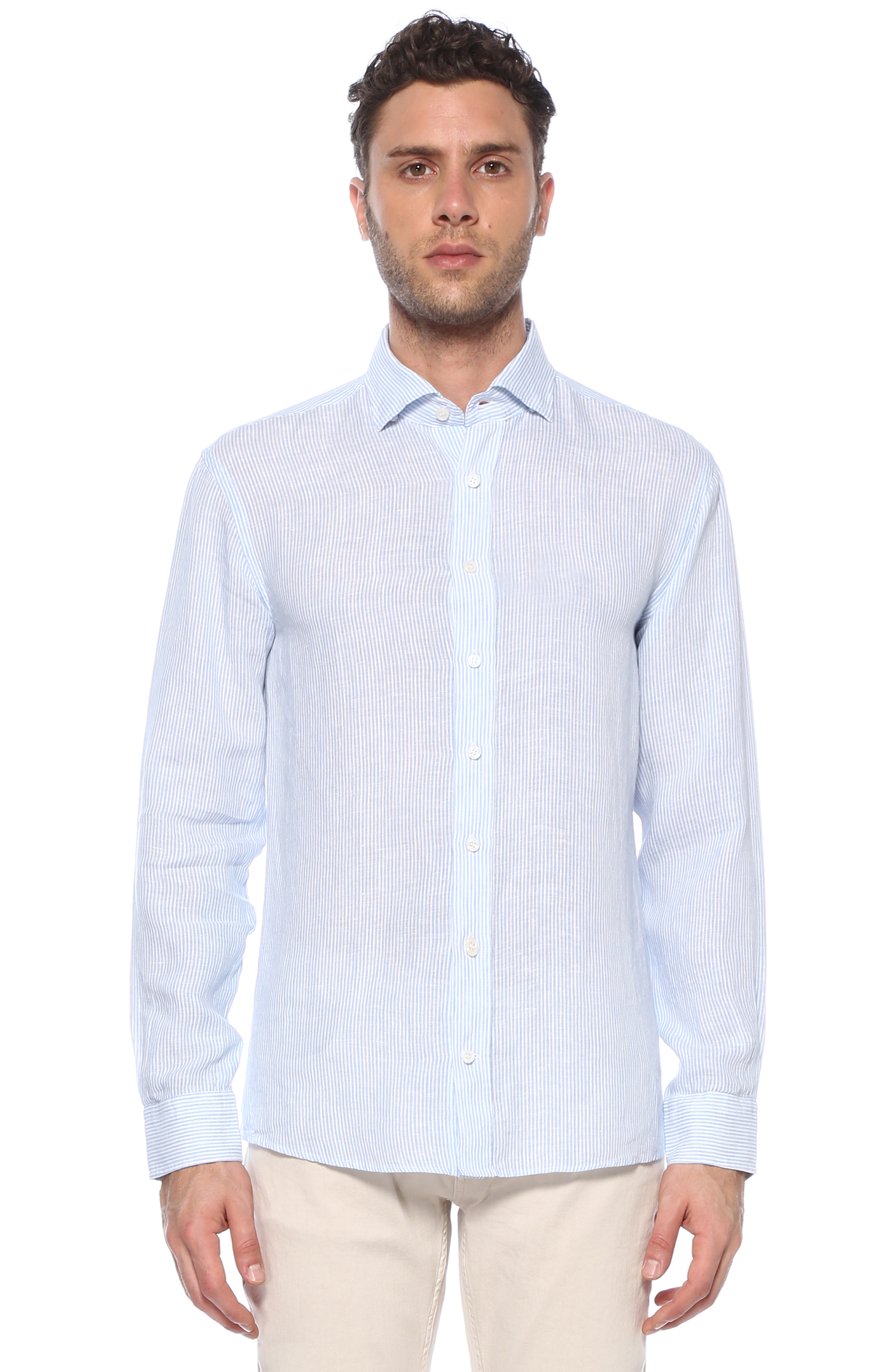 slim Fit Mavi Çizgili Keten Gömlek slim Fit Mavi Çizgili Keten Gömlek