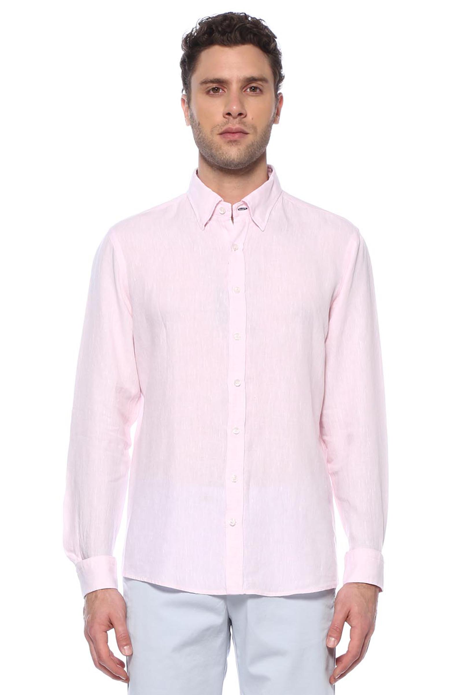 Pembe Klasik Yaka Keten Gömlek Pembe Klasik Yaka Keten Gömlek