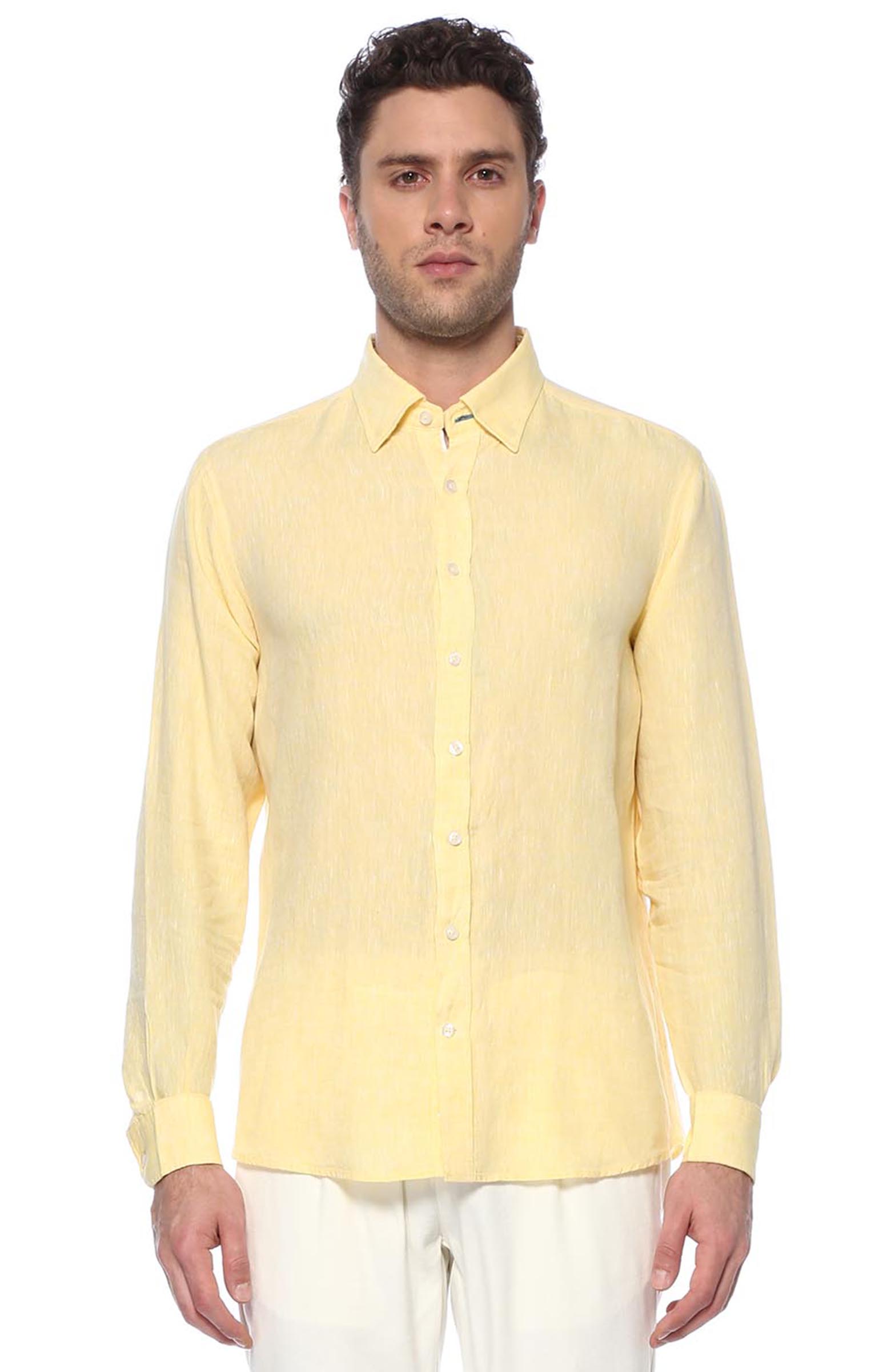 Slim Fit Sarı Klasik Yaka Keten Gömlek