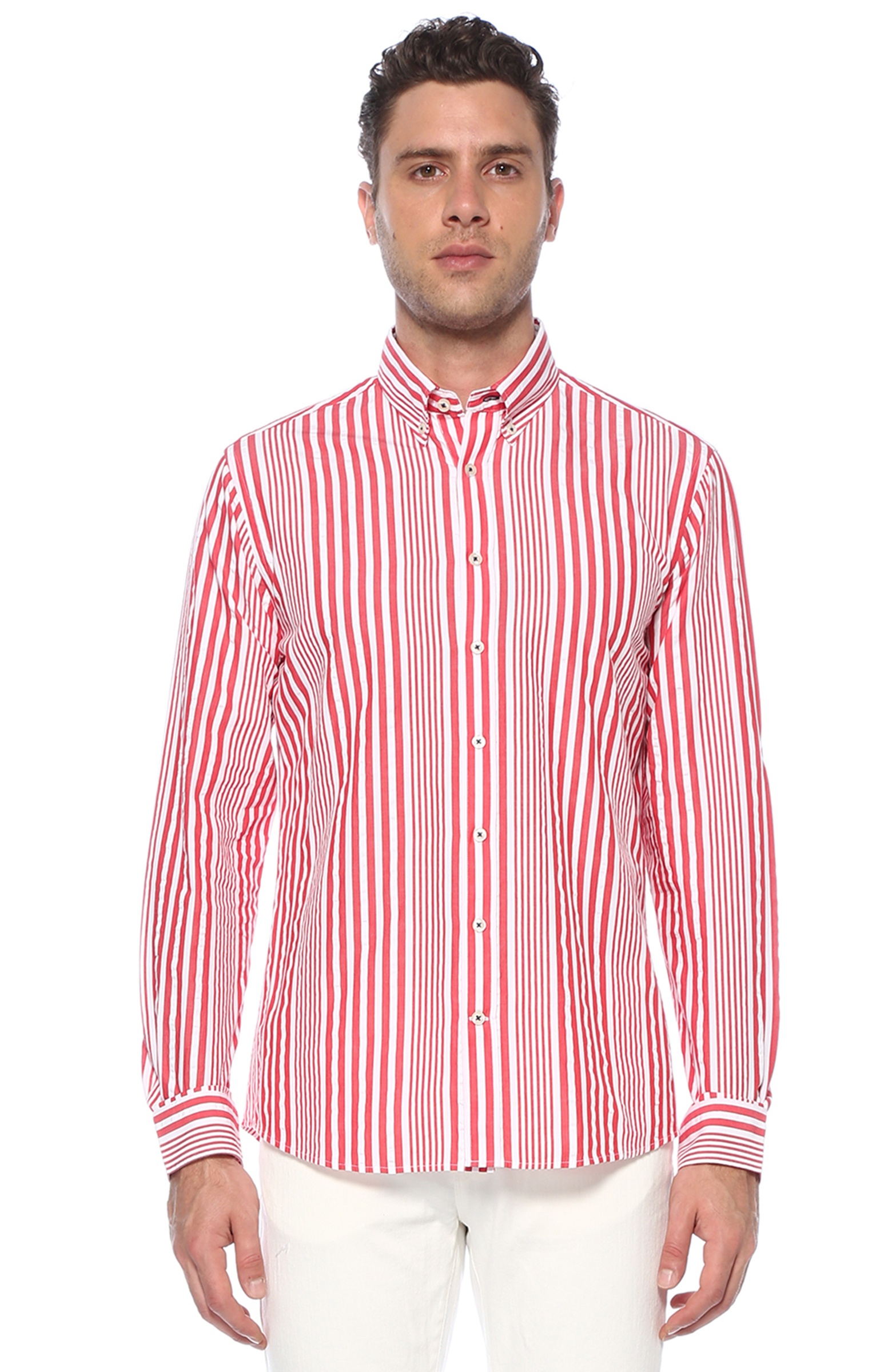Regular Fit Kırmızı Çizgili Gömlek