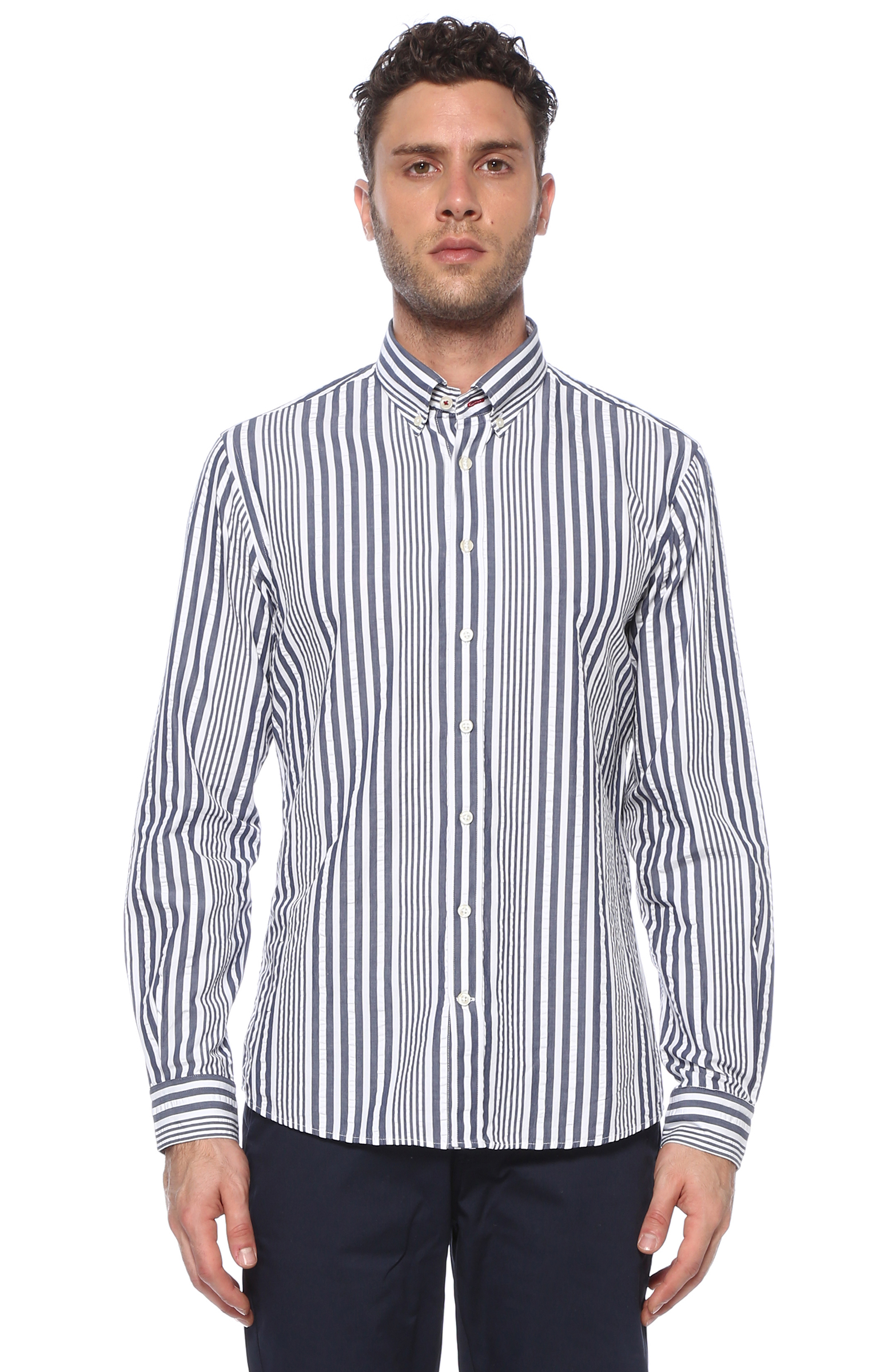 Regular Fit Lacivert Beyaz Çizgili Gömlek Regular Fit Lacivert Beyaz Çizgili Gömlek