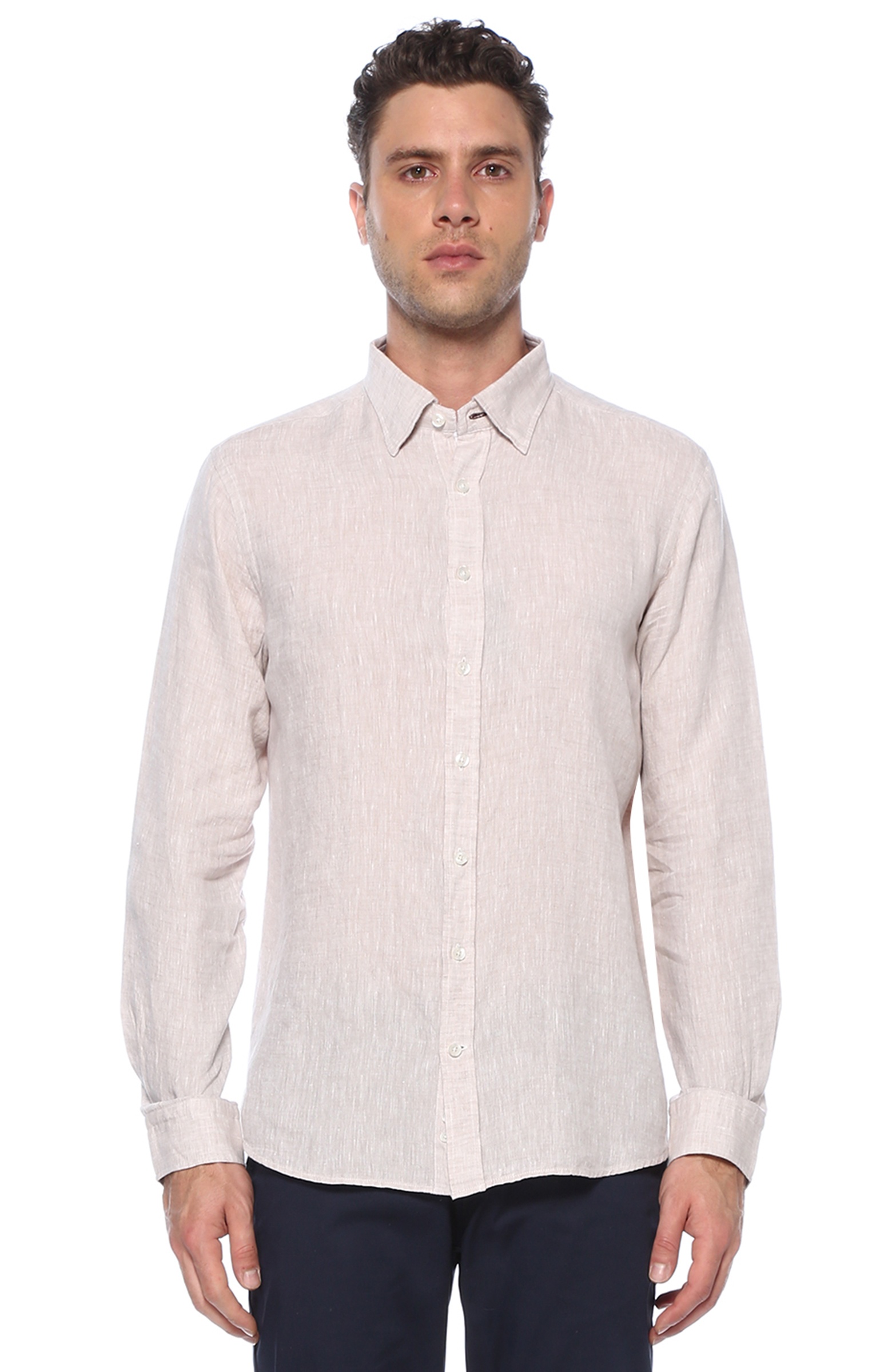 Regular Fit Bej İngiliz Yaka Keten Gömlek