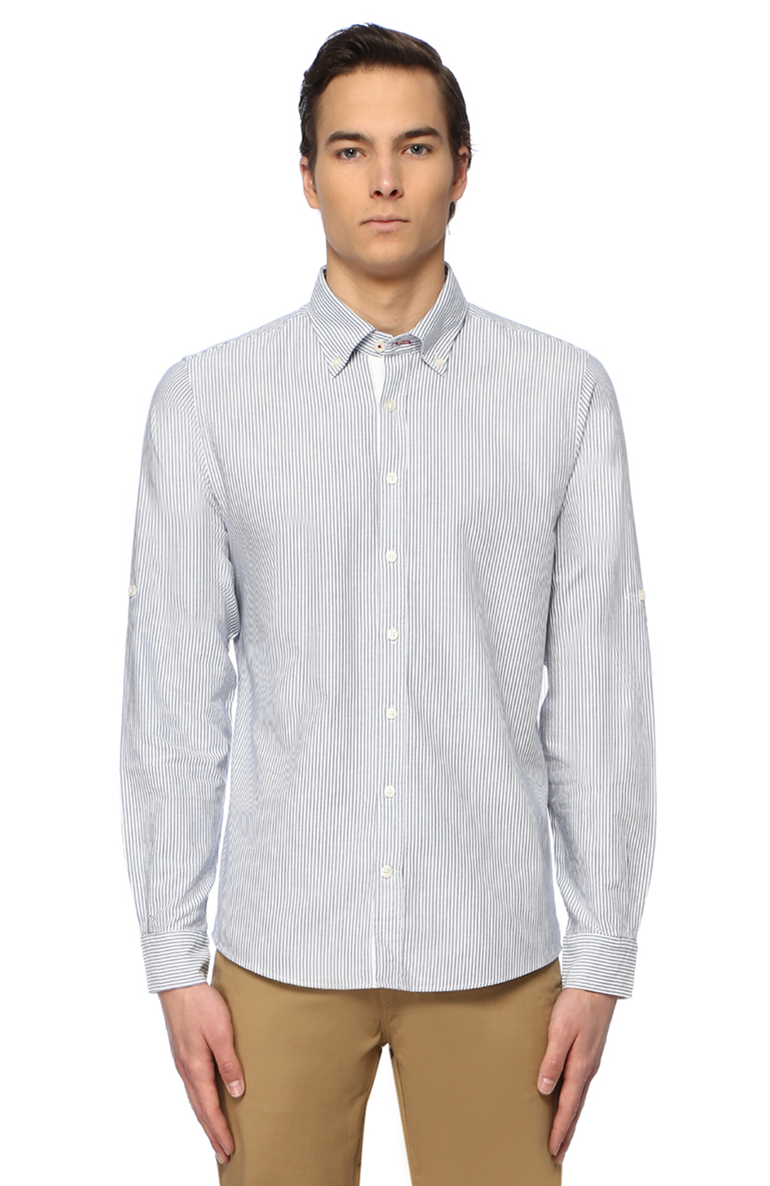 Regular Fit Lacivert Beyaz Çizgili Gömlek Regular Fit Lacivert Beyaz Çizgili Gömlek