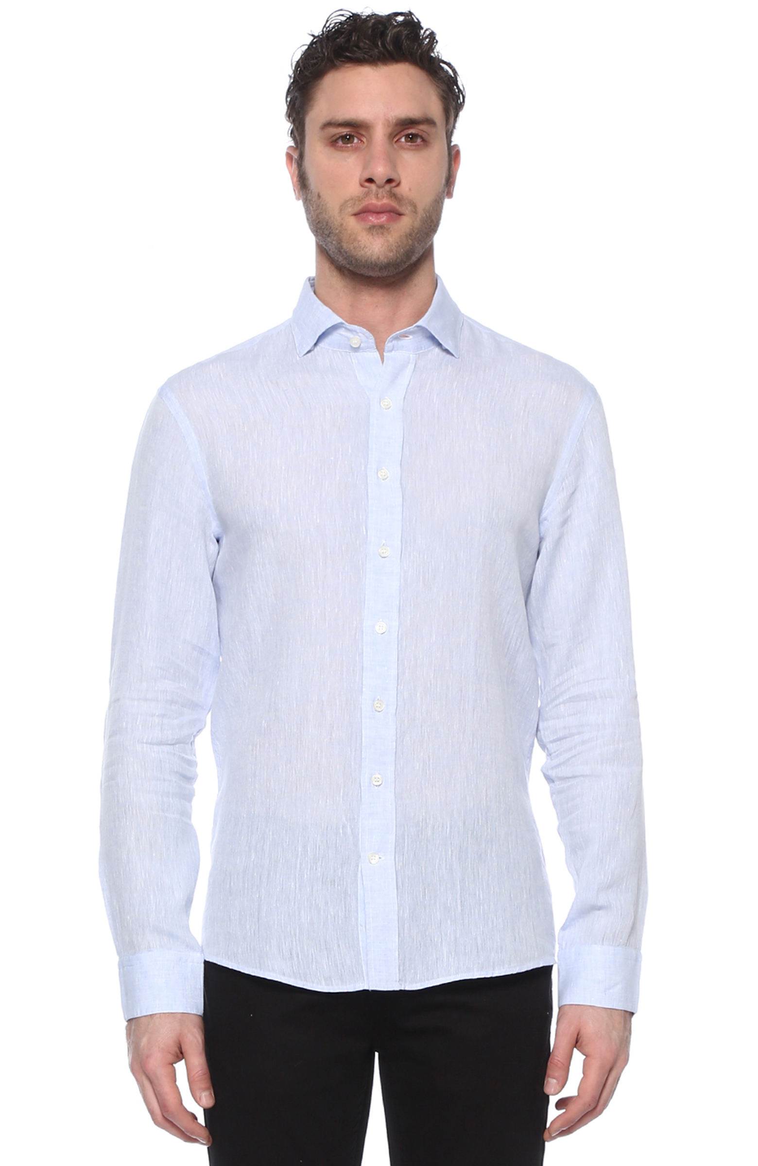 Slim Fit Mavi Polo Yaka Keten Gömlek