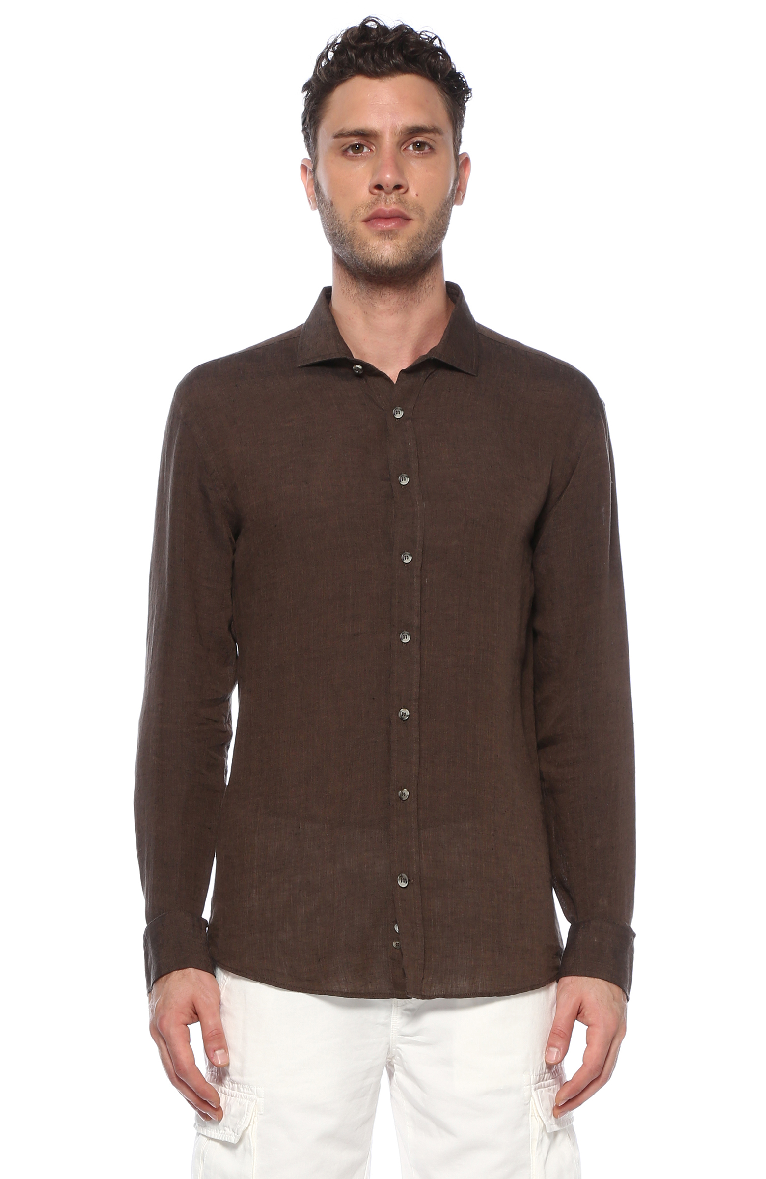 Slim Fit Kahverengi Keten Gömlek