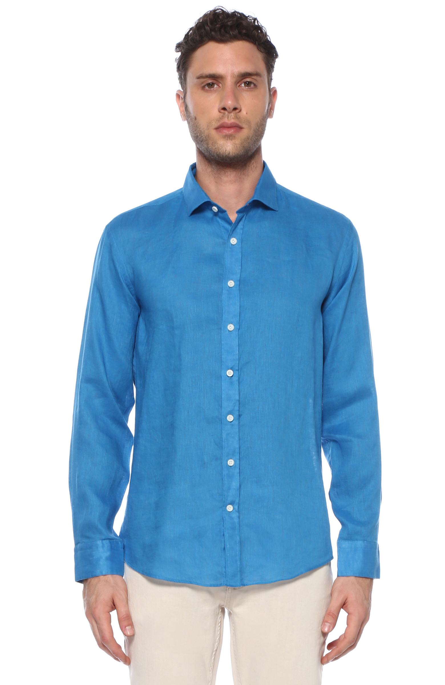 Slim Fit Turkuaz Keten Gömlek Slim Fit Turkuaz Keten Gömlek