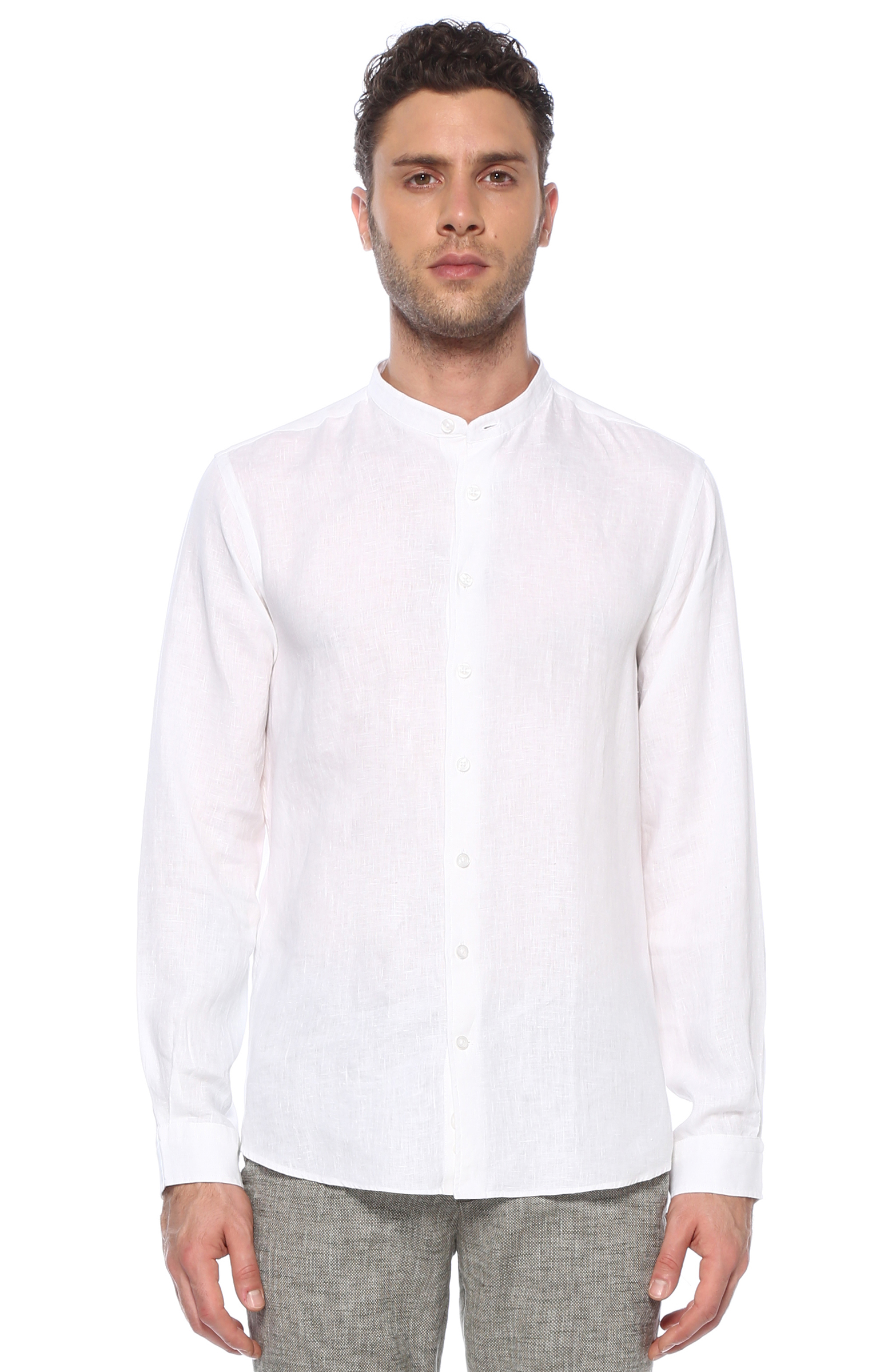 Regular Fit Beyaz Keten Gömlek